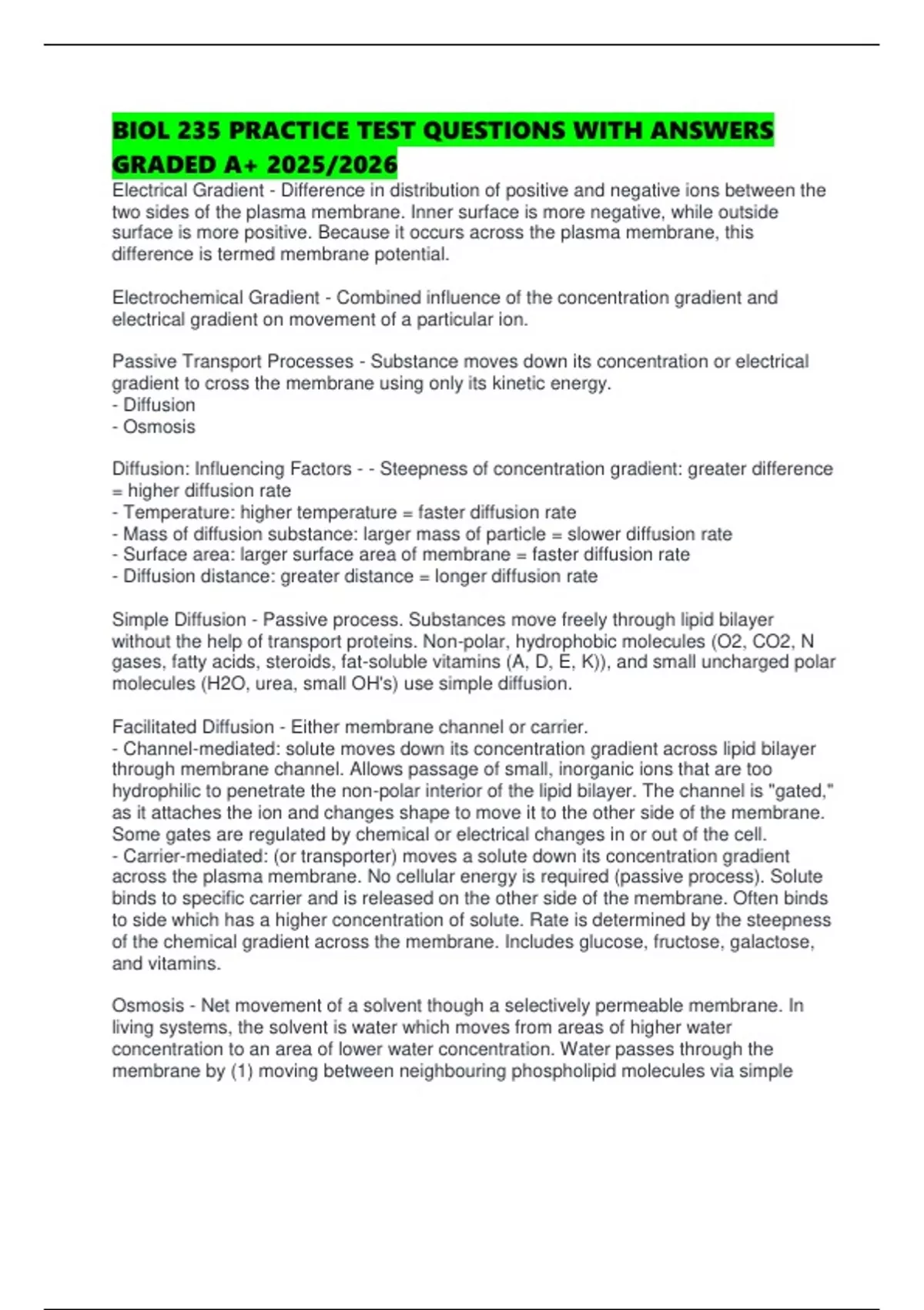 BIOL 235 PRACTICE TEST QUESTIONS WITH ANSWERS GRADED A+ 2025/2026 ...