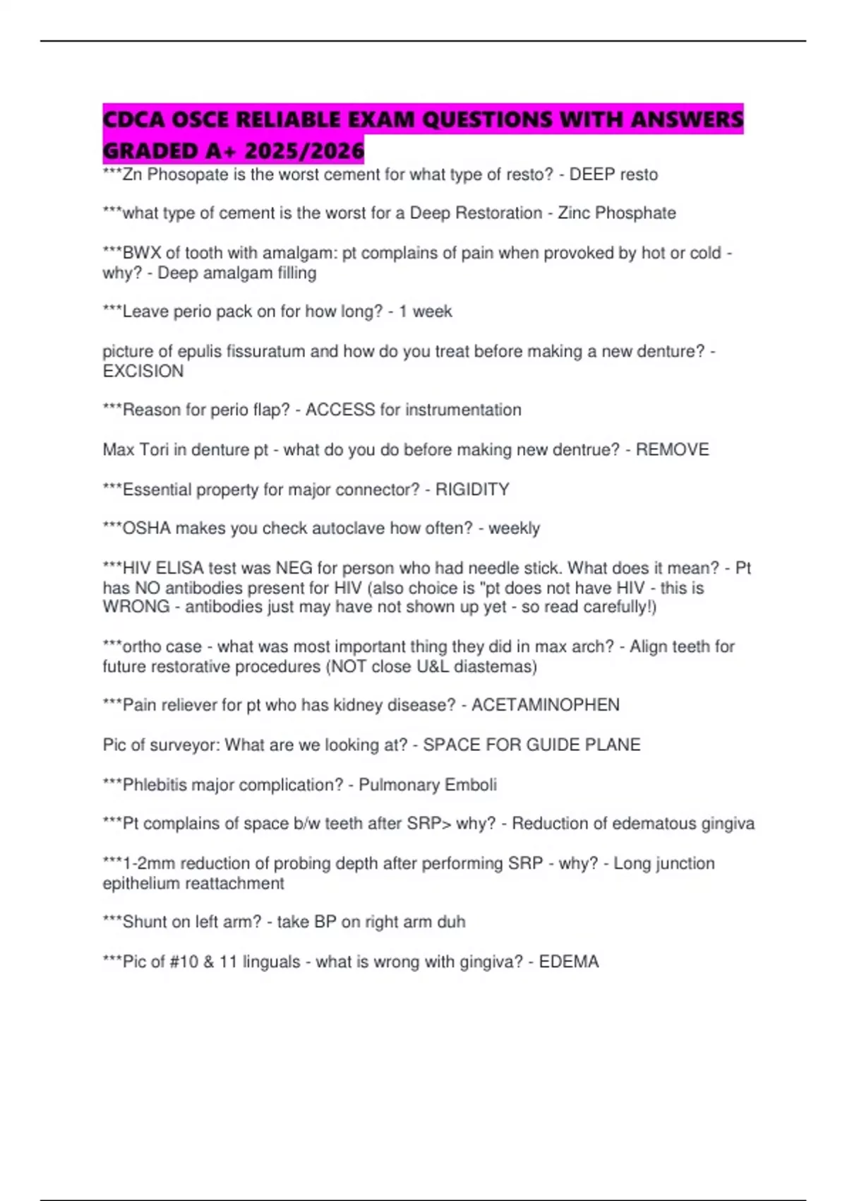 CDCA OSCE RELIABLE EXAM QUESTIONS WITH ANSWERS GRADED A+ 2025/2026 ...