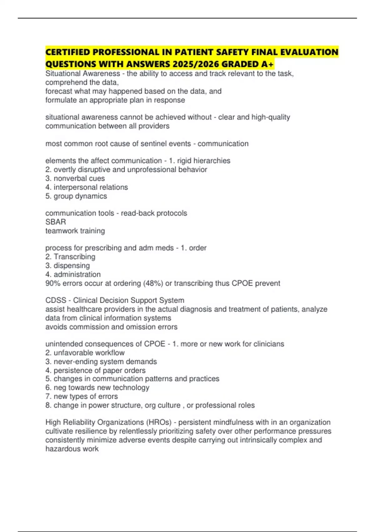 CERTIFIED PROFESSIONAL IN PATIENT SAFETY FINAL EVALUATION QUESTIONS ...
