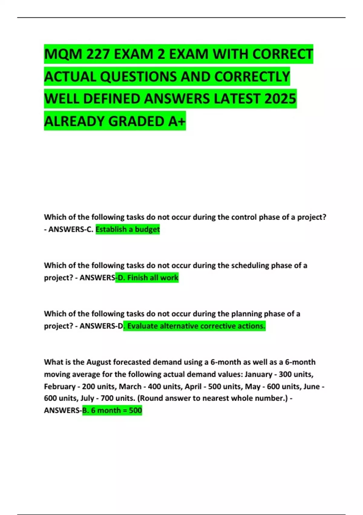 MQM 227 EXAM 2 EXAM WITH CORRECT ACTUAL QUESTIONS AND CORRECTLY WELL ...