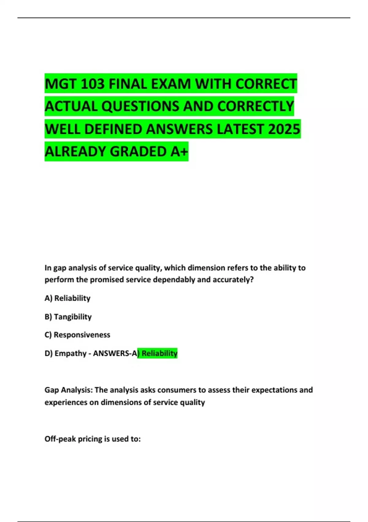 MGT 103 FINAL EXAM WITH CORRECT ACTUAL QUESTIONS AND CORRECTLY WELL ...