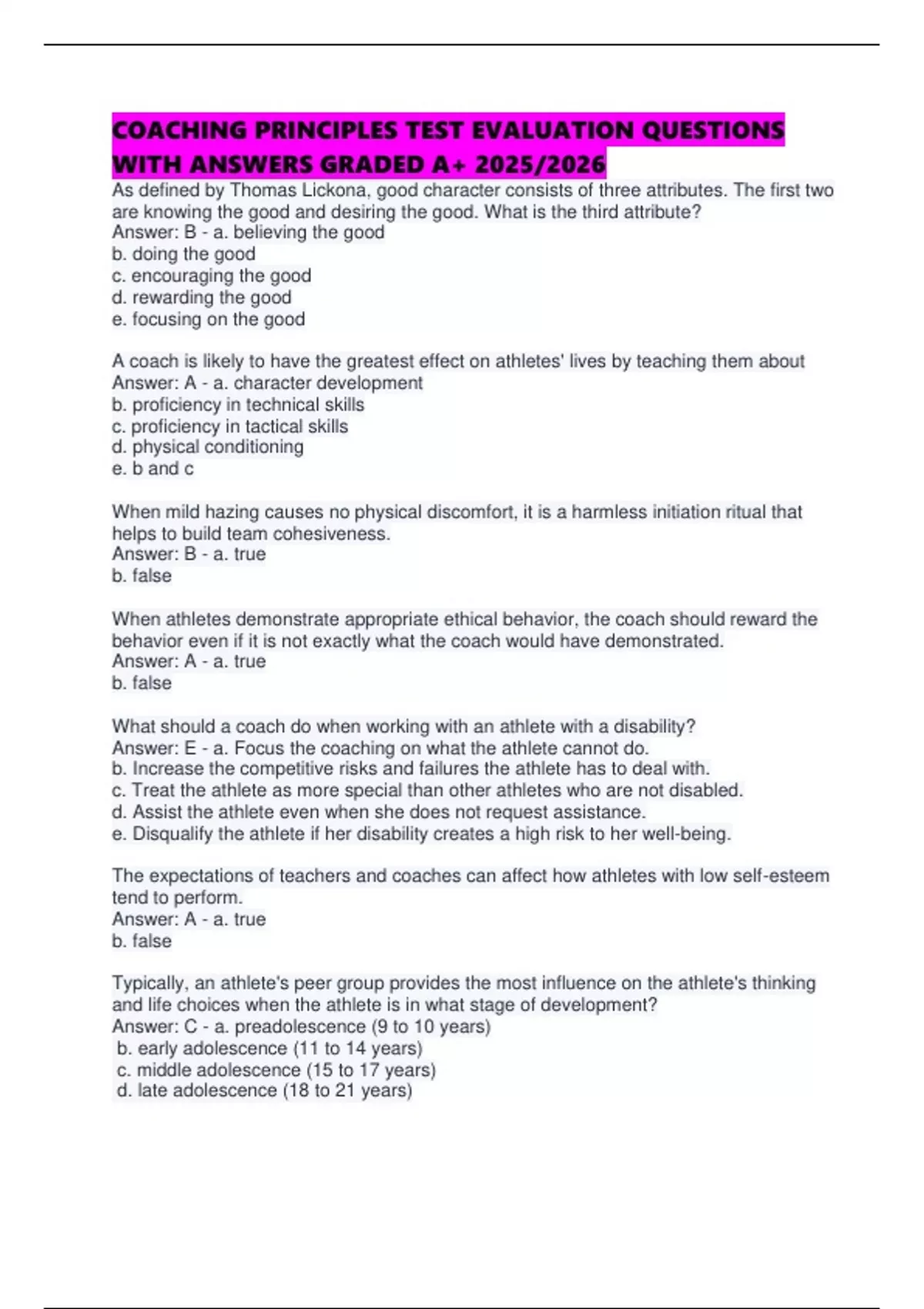 COACHING PRINCIPLES TEST EVALUATION QUESTIONS WITH ANSWERS GRADED A+ ...