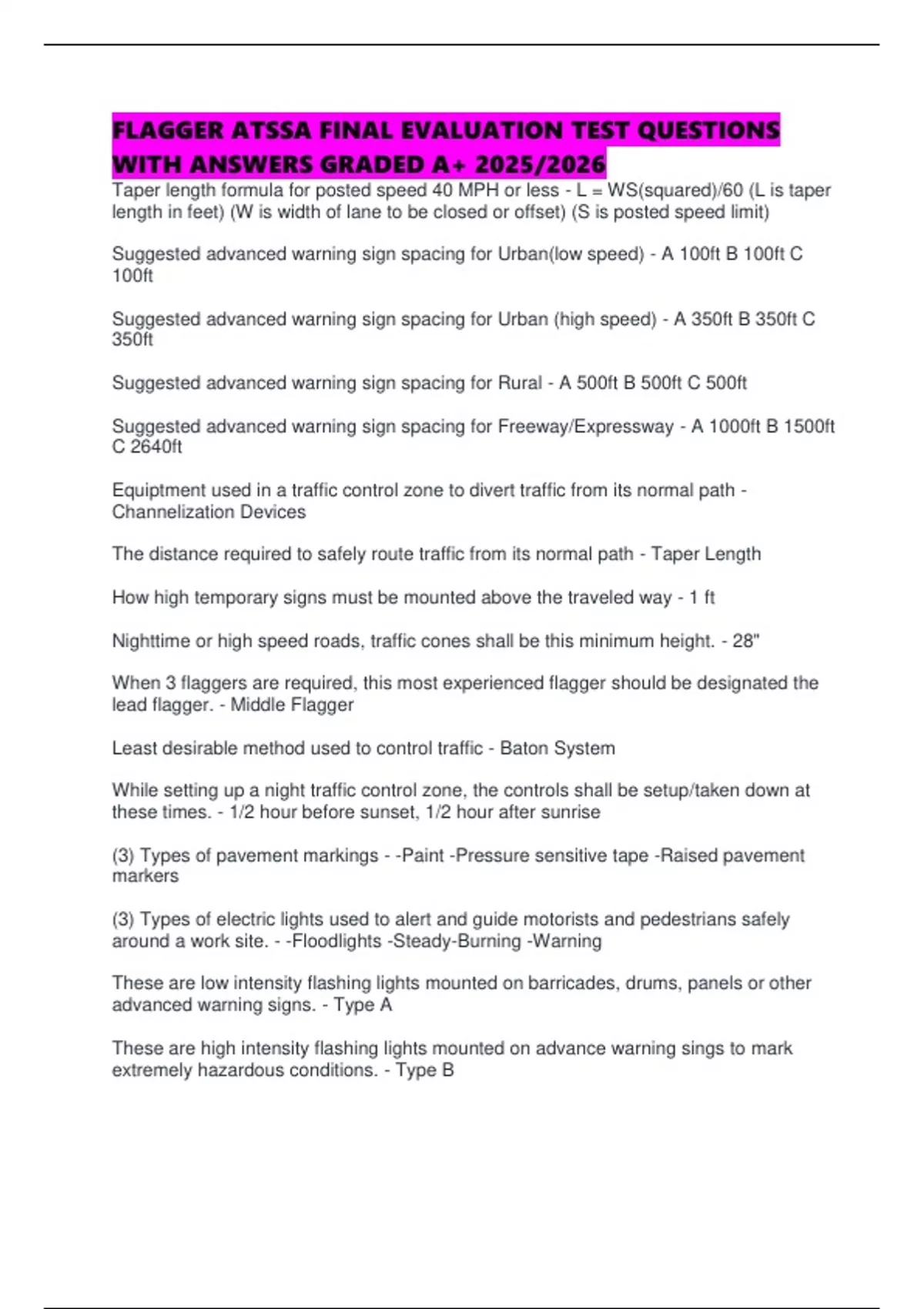 Flagger Atssa Final Evaluation Test Questions With Answers Graded A 2025 2026 Flagger Atssa