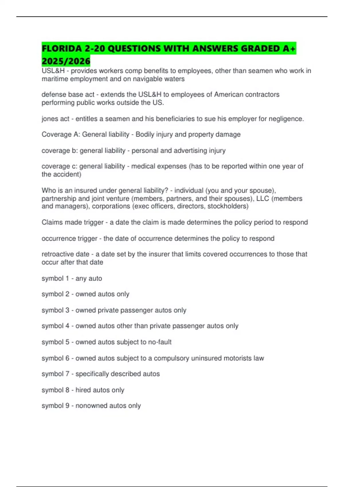 FLORIDA 2-20 QUESTIONS WITH ANSWERS GRADED A+ 2025/2026 - Florida 2-20 ...