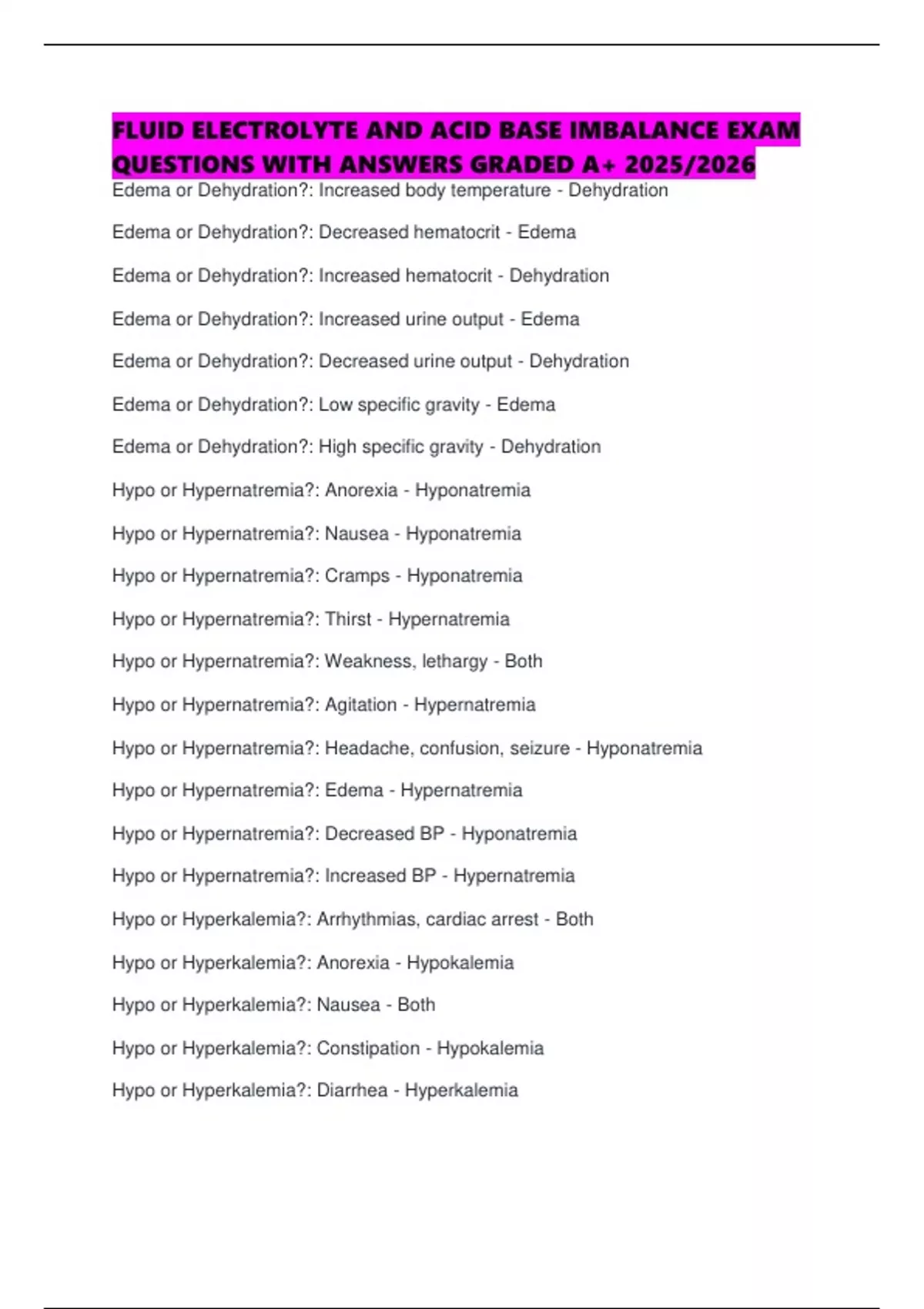 FLUID ELECTROLYTE AND ACID BASE IMBALANCE EXAM QUESTIONS WITH ANSWERS ...