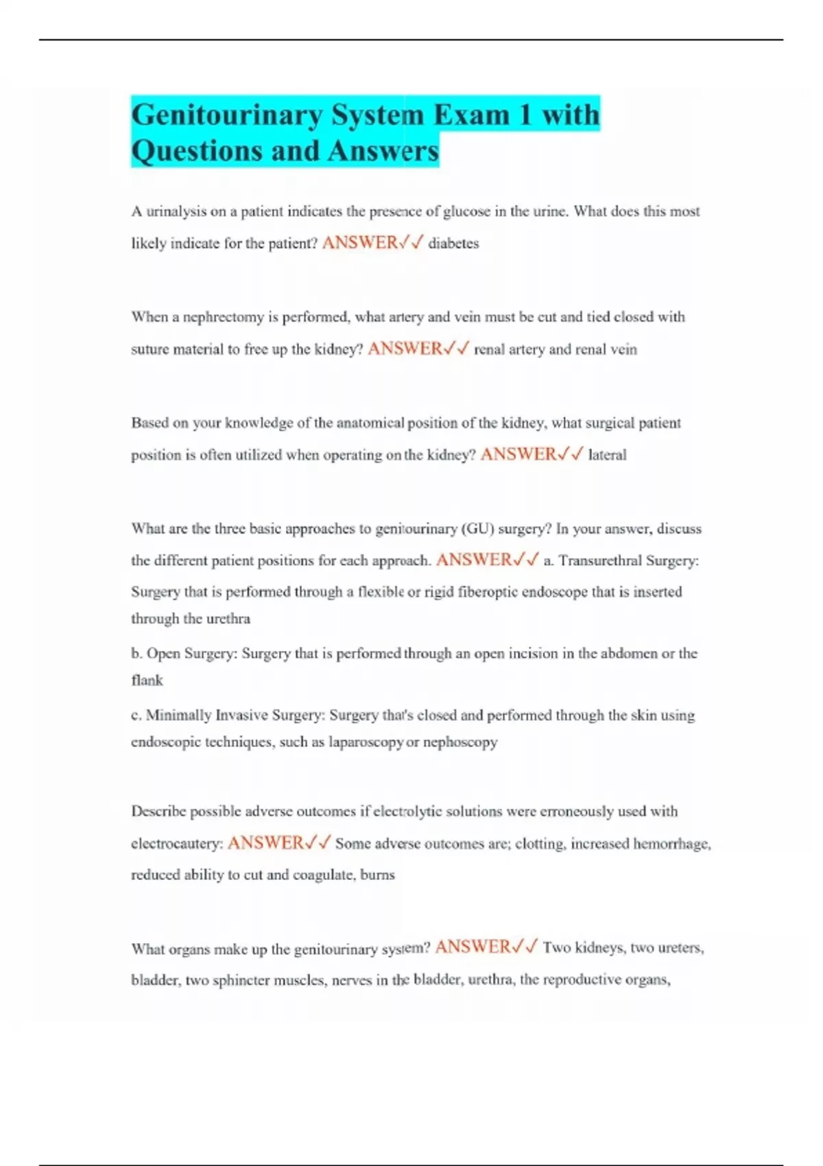 Genitourinary System Exam 1 with Questions and Answers - Nursing ...