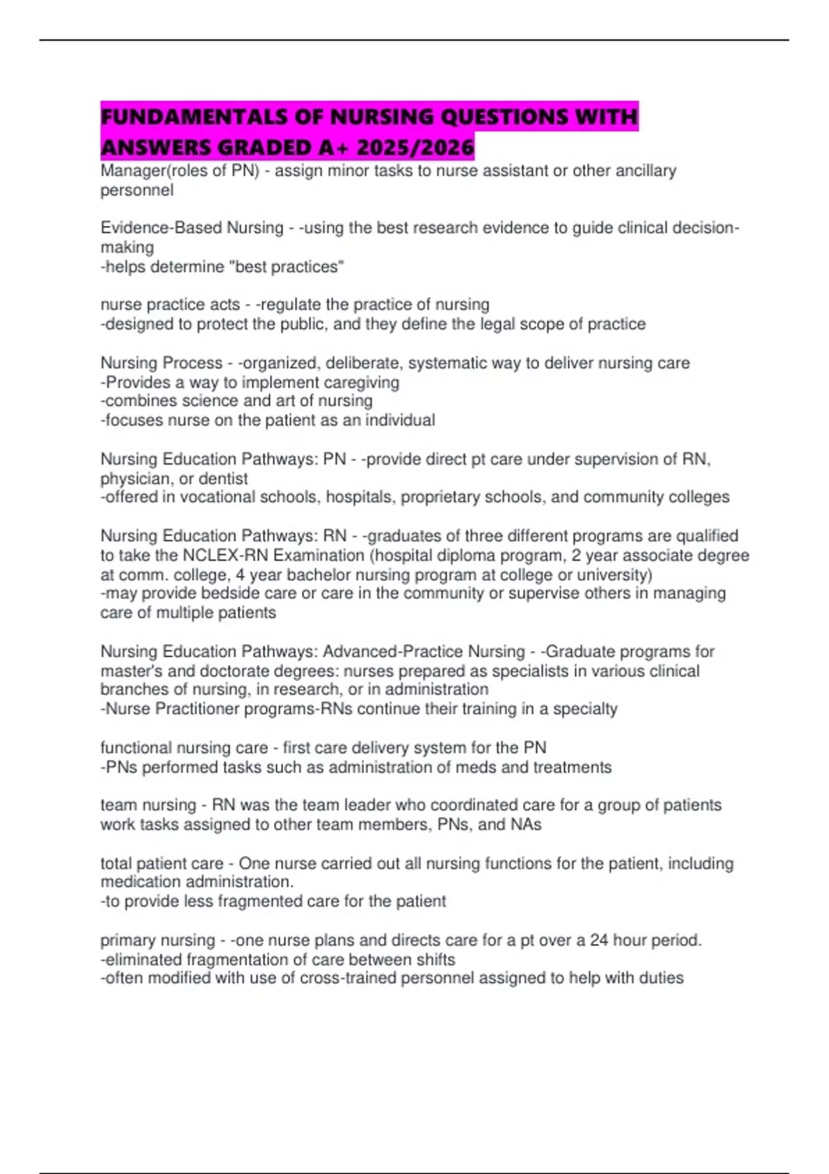 FUNDAMENTALS OF NURSING QUESTIONS WITH ANSWERS GRADED A+ 2025/2026 ...