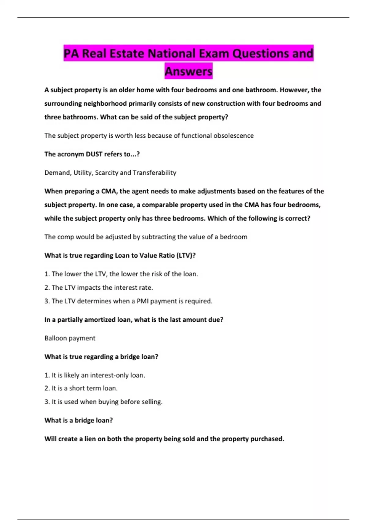 PA Real Estate National Exam Questions and Answers - PA Real Estate ...