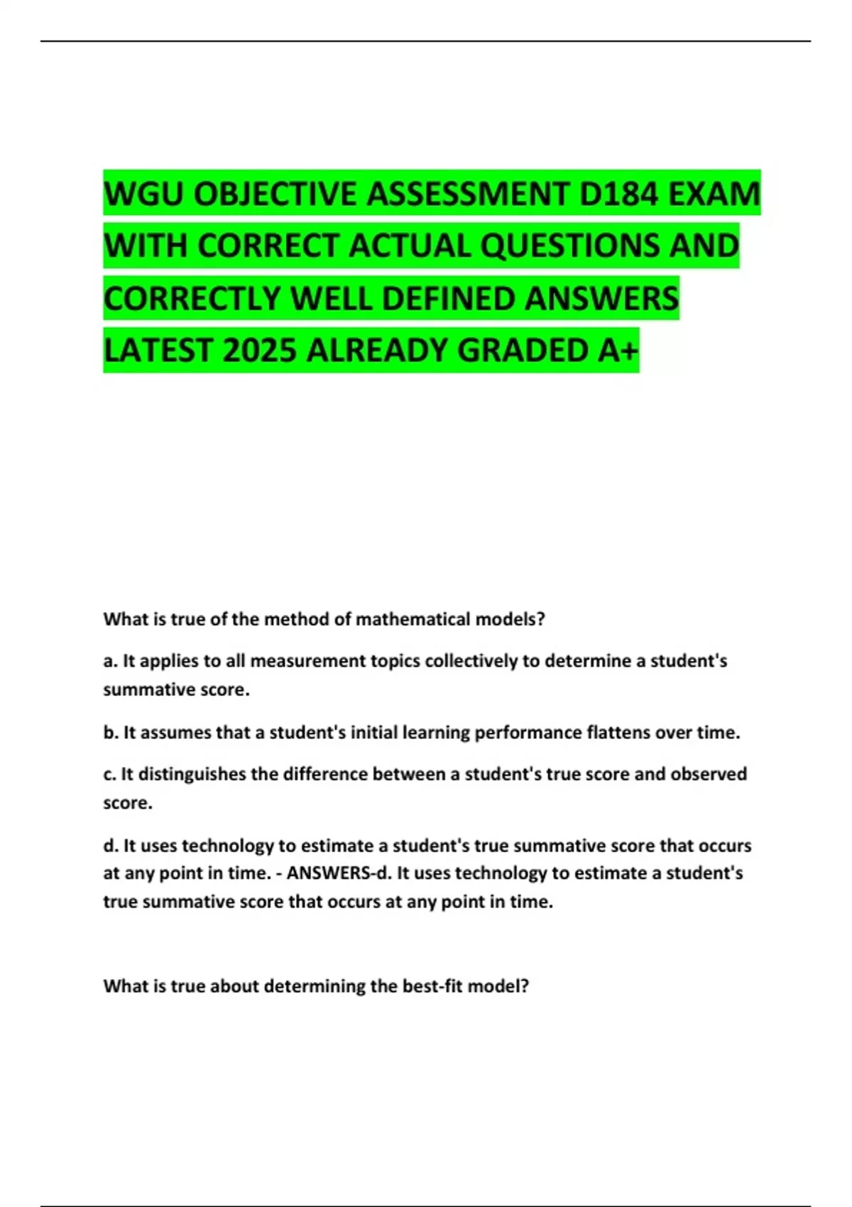 WGU OBJECTIVE ASSESSMENT D184 EXAM WITH CORRECT ACTUAL QUESTIONS AND ...