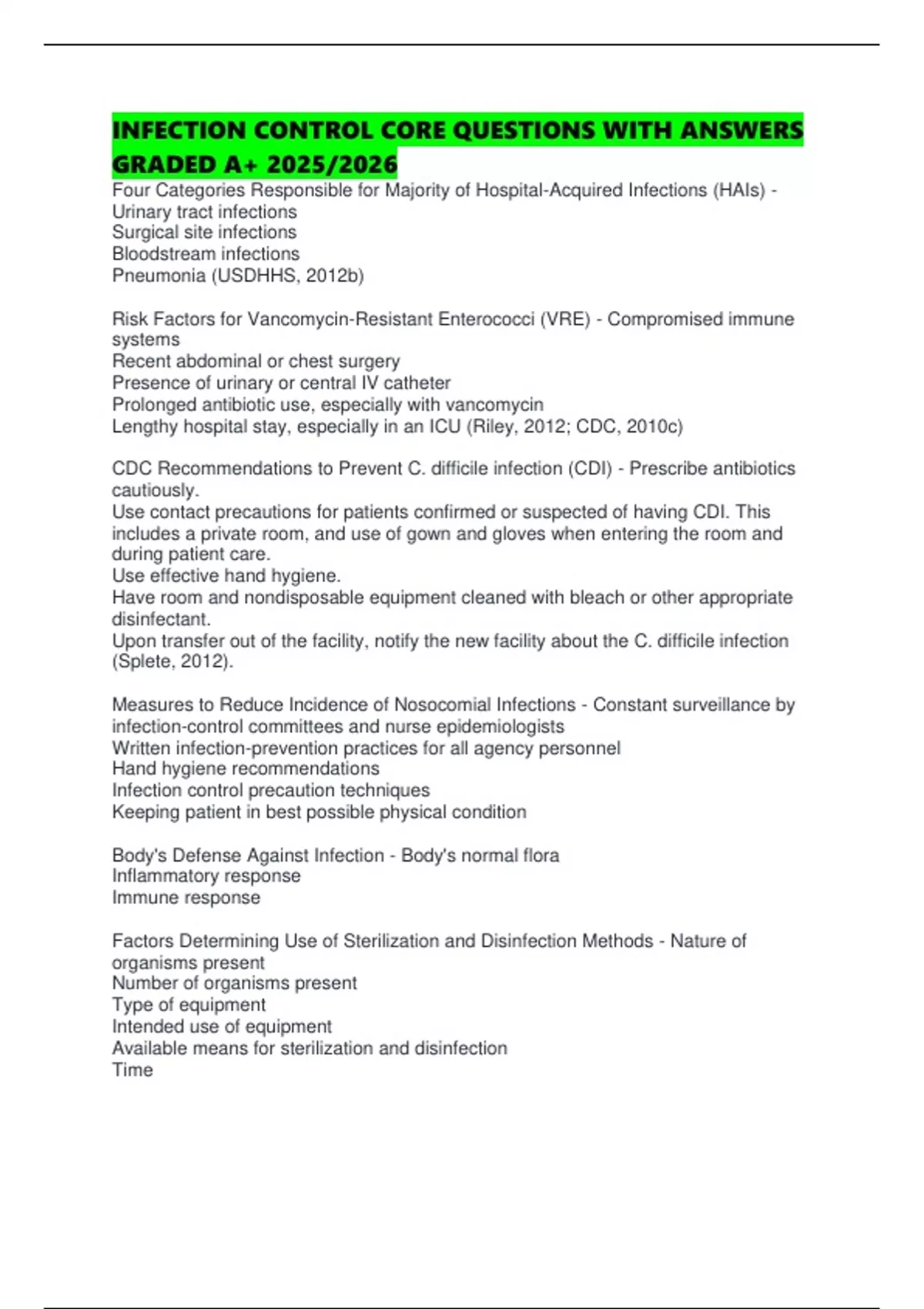 INFECTION CONTROL CORE QUESTIONS WITH ANSWERS GRADED A+ 2025/2026 ...