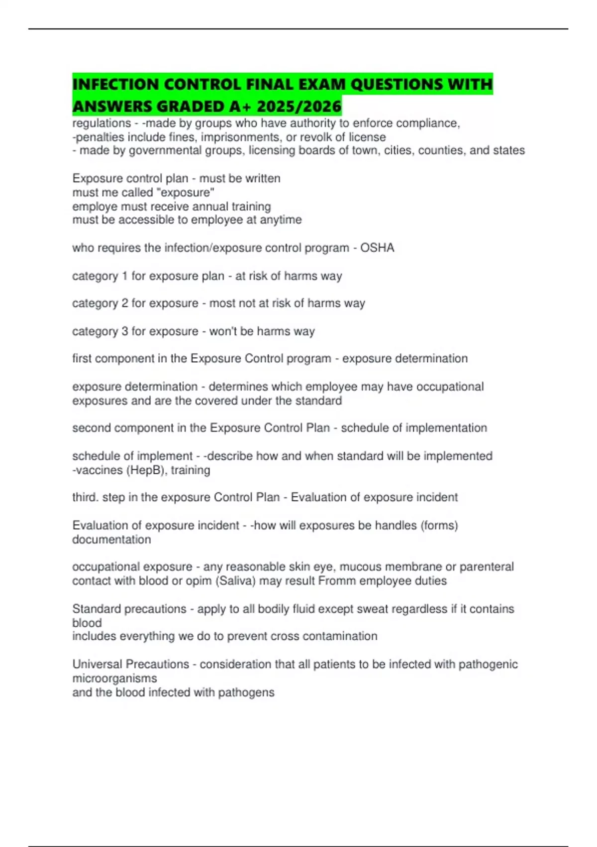 INFECTION CONTROL FINAL EXAM QUESTIONS WITH ANSWERS GRADED A+ 2025/2026 ...