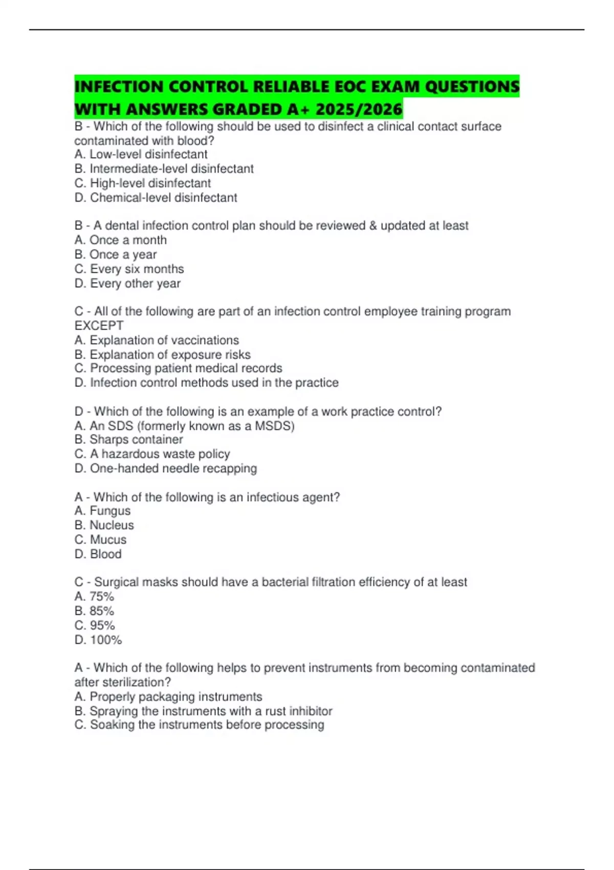 INFECTION CONTROL RELIABLE EOC EXAM QUESTIONS WITH ANSWERS GRADED A+ ...