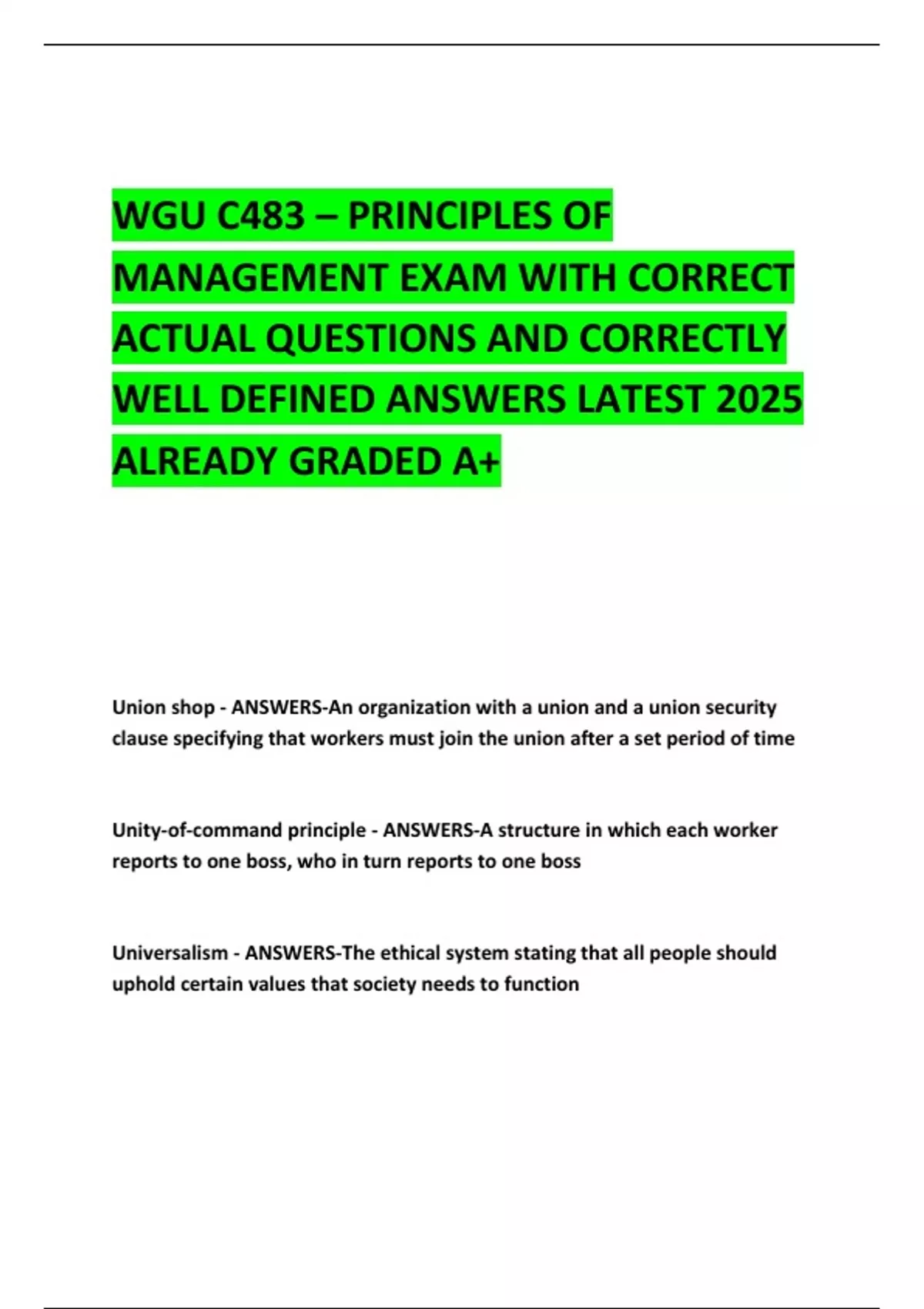 WGU C483 – PRINCIPLES OF MANAGEMENT EXAM WITH CORRECT ACTUAL QUESTIONS ...