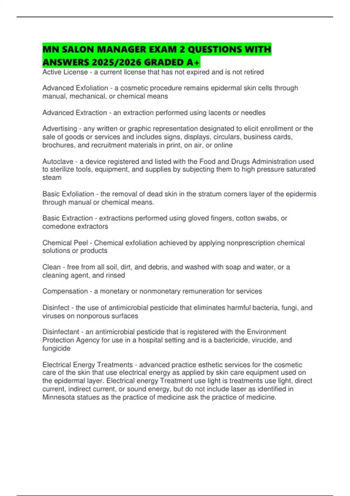 MN SALON MANAGER EXAM 2 QUESTIONS WITH ANSWERS 2025/2026 GRADED A+ ...