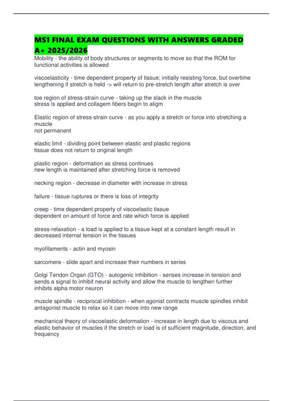 MS1 FINAL EXAM QUESTIONS WITH ANSWERS GRADED A+ 2025/2026 - MS1 - Stuvia US