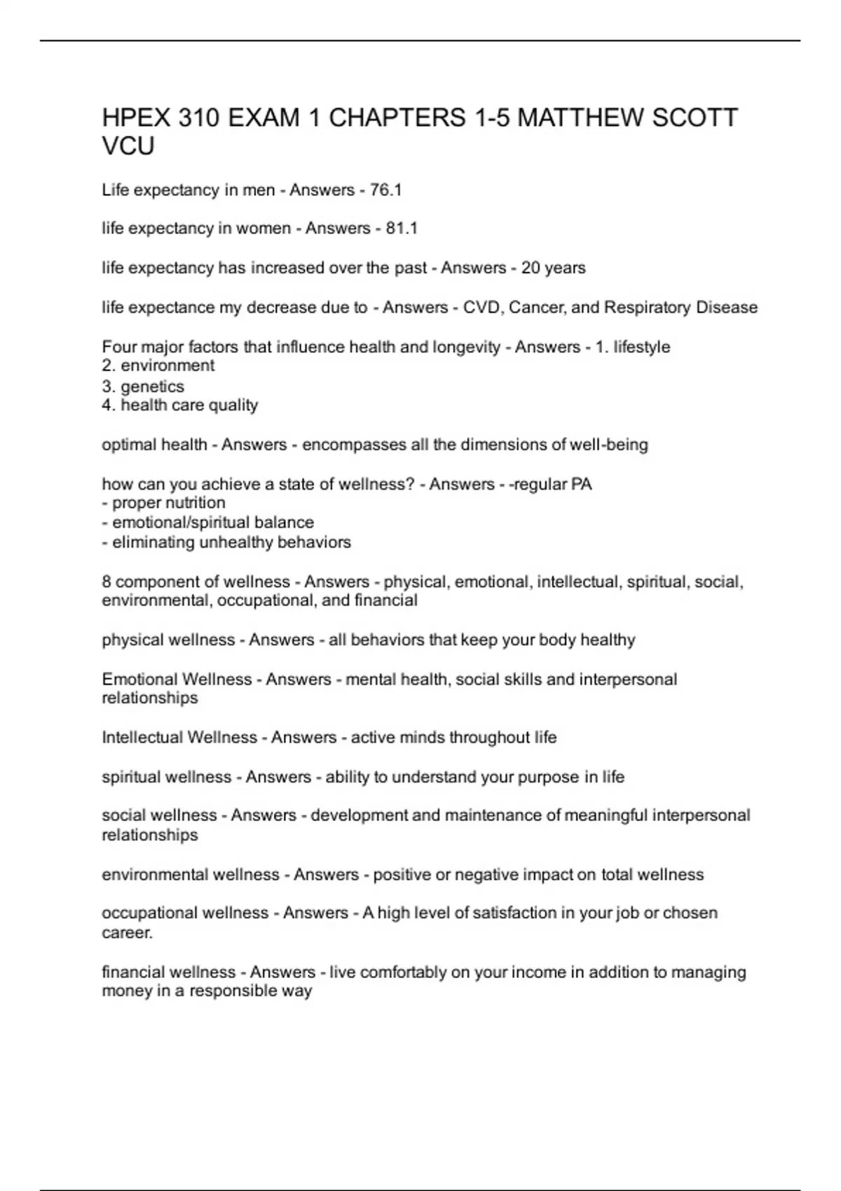HPEX 310 EXAM 1 CHAPTERS 1-5 MATTHEW SCOTT VCU - HPEX 310 - Stuvia US