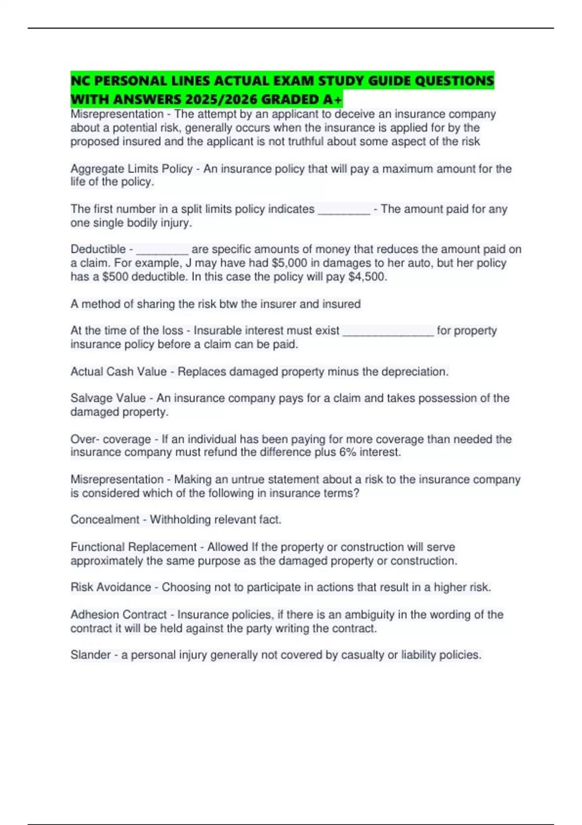 NC PERSONAL LINES ACTUAL EXAM STUDY GUIDE QUESTIONS WITH ANSWERS 2025/ ...