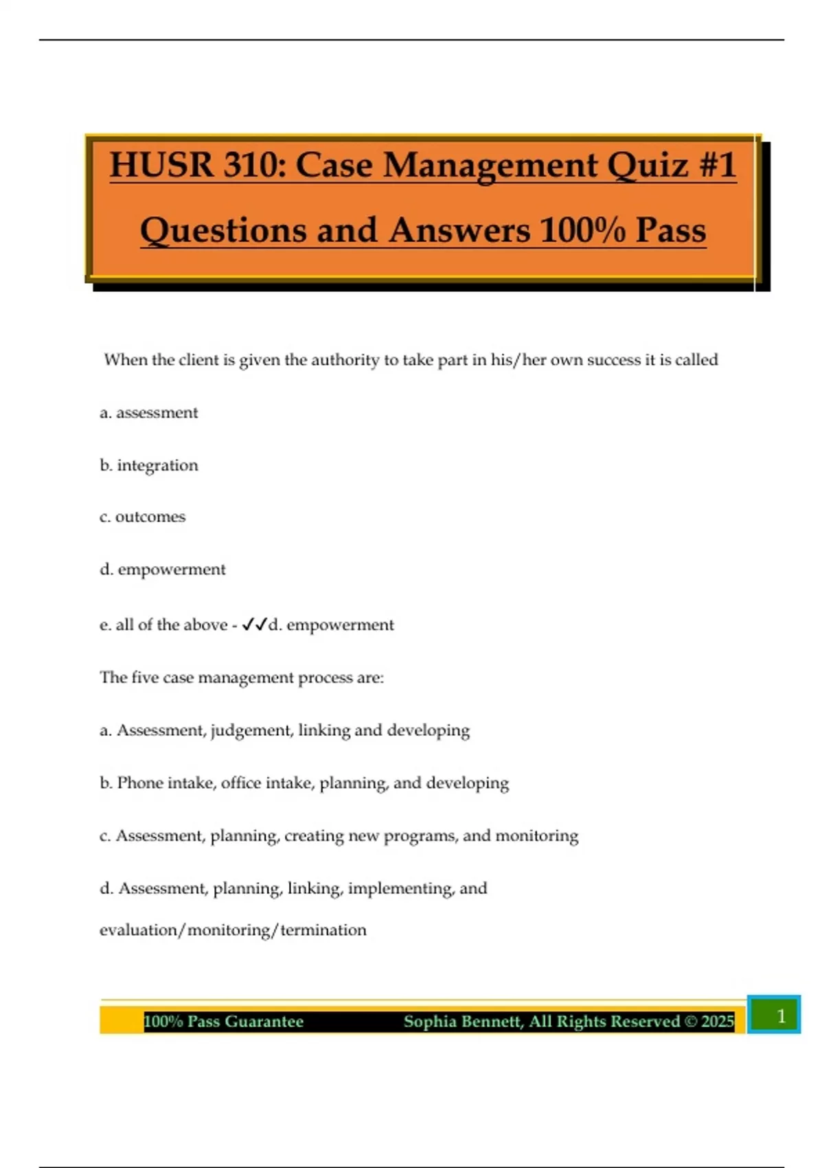 HUSR 310: Case Management Quiz #1 Questions and Answers 100% Pass - HUSR 310 - Stuvia US