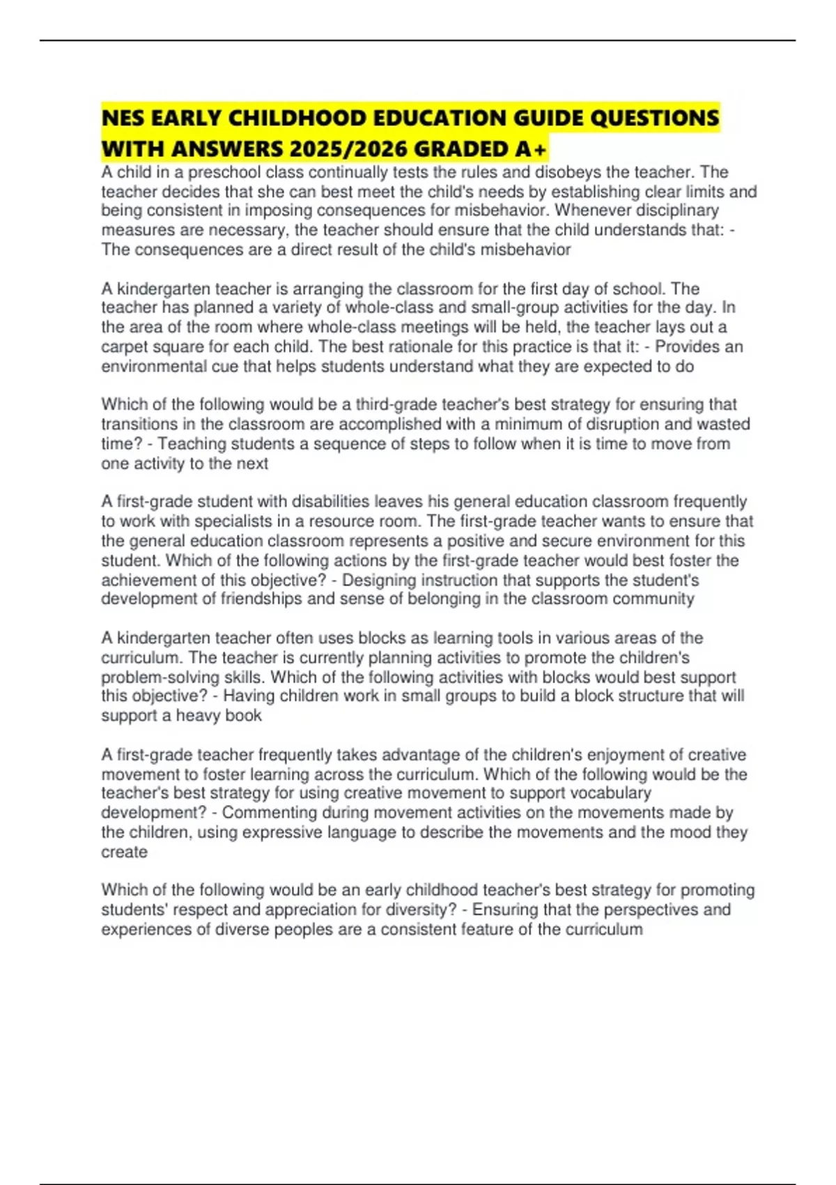 NES EARLY CHILDHOOD EDUCATION GUIDE QUESTIONS WITH ANSWERS 2025/2026 ...