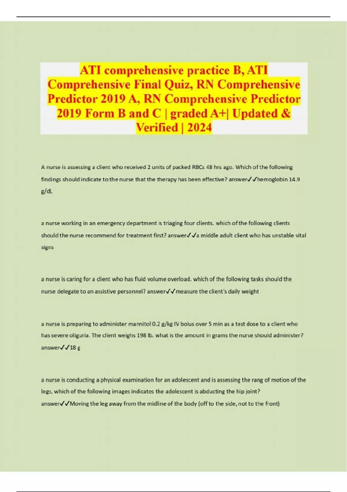 ATI comprehensive practice B, ATI Comprehensive Final Quiz, RN Comprehensive Predictor 2019 A ...