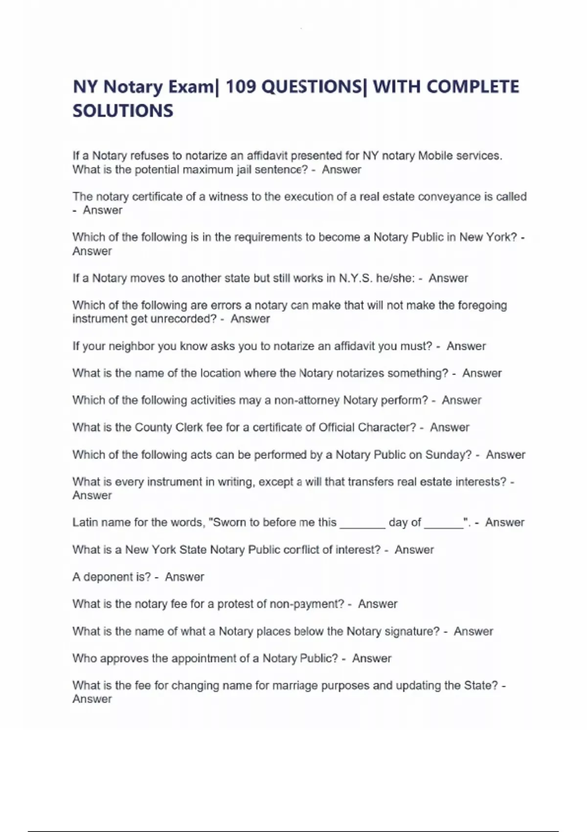 NY Notary Exam| 109 QUESTIONS| WITH COMPLETE SOLUTIONS - Nys notary ...