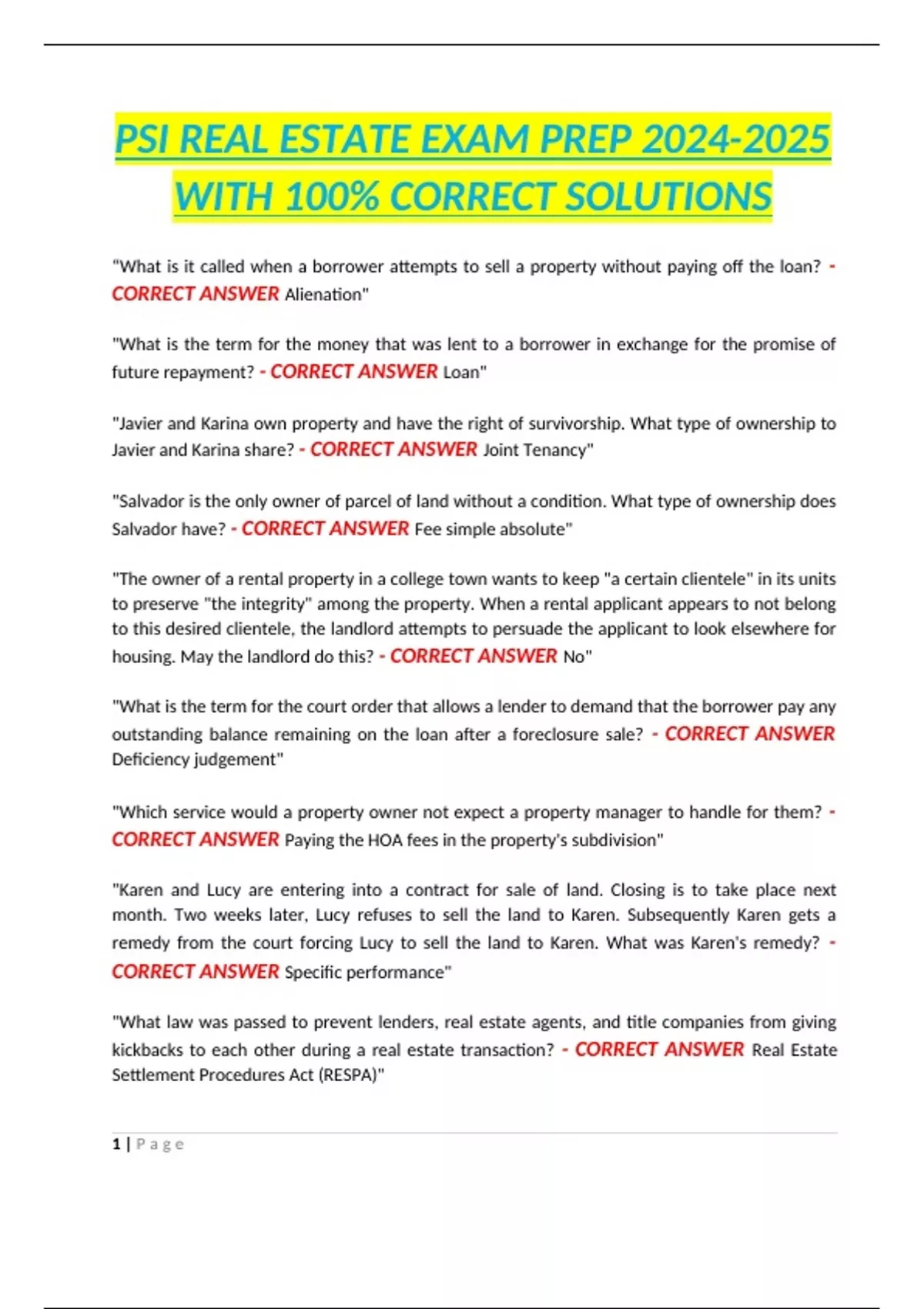 PSI REAL ESTATE EXAM PREP WITH 100% CORRECT SOLUTIONS - Psi - Stuvia US