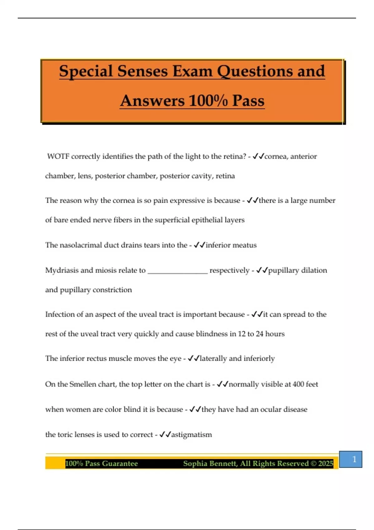 Special Senses Exam Questions and Answers 100% Pass - Special Senses ...
