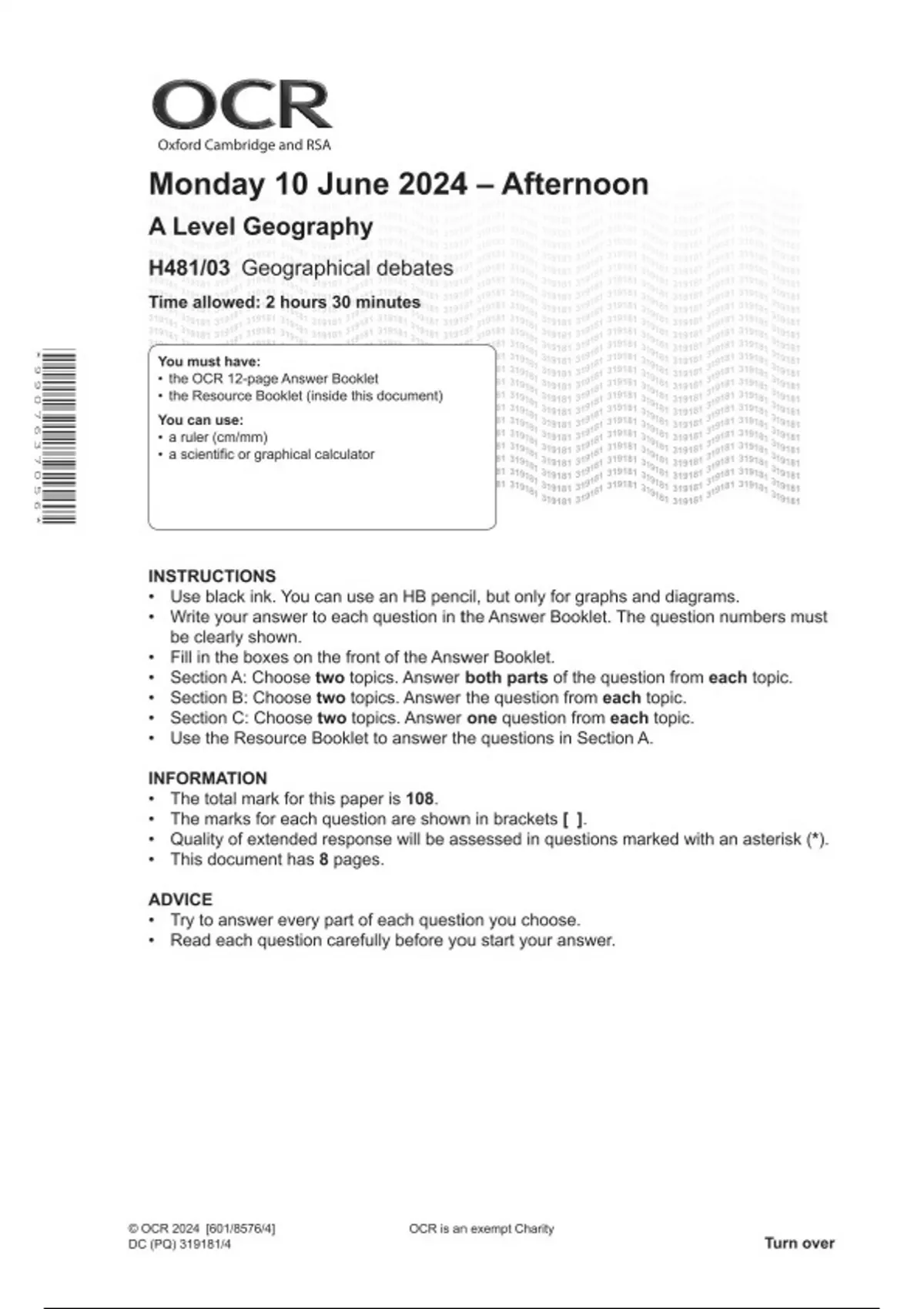 OCR A Level Geography H481/03 JUNE 2024 QUESTION PAPER: Geographical ...