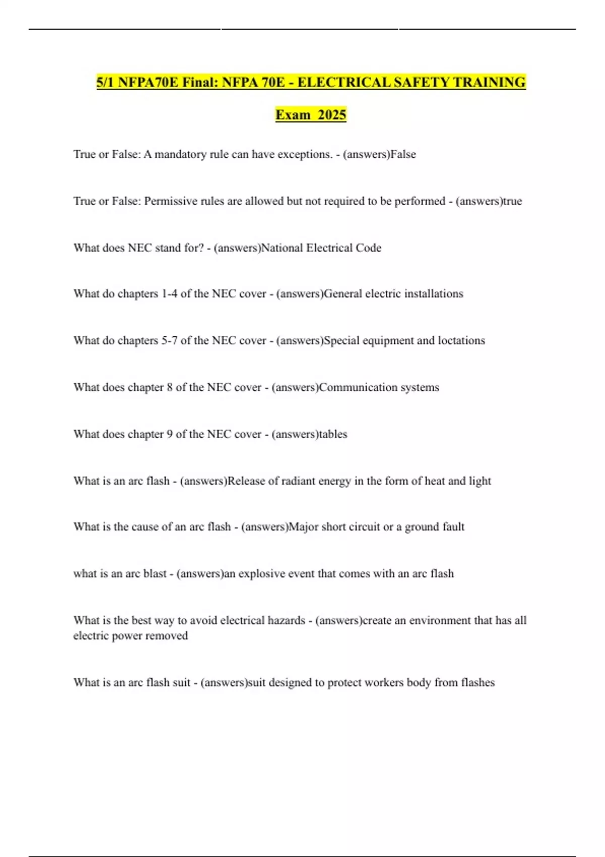 5/1 NFPA70E Final: NFPA 70E - ELECTRICAL SAFETY TRAINING Exam_2025 - 5/ ...