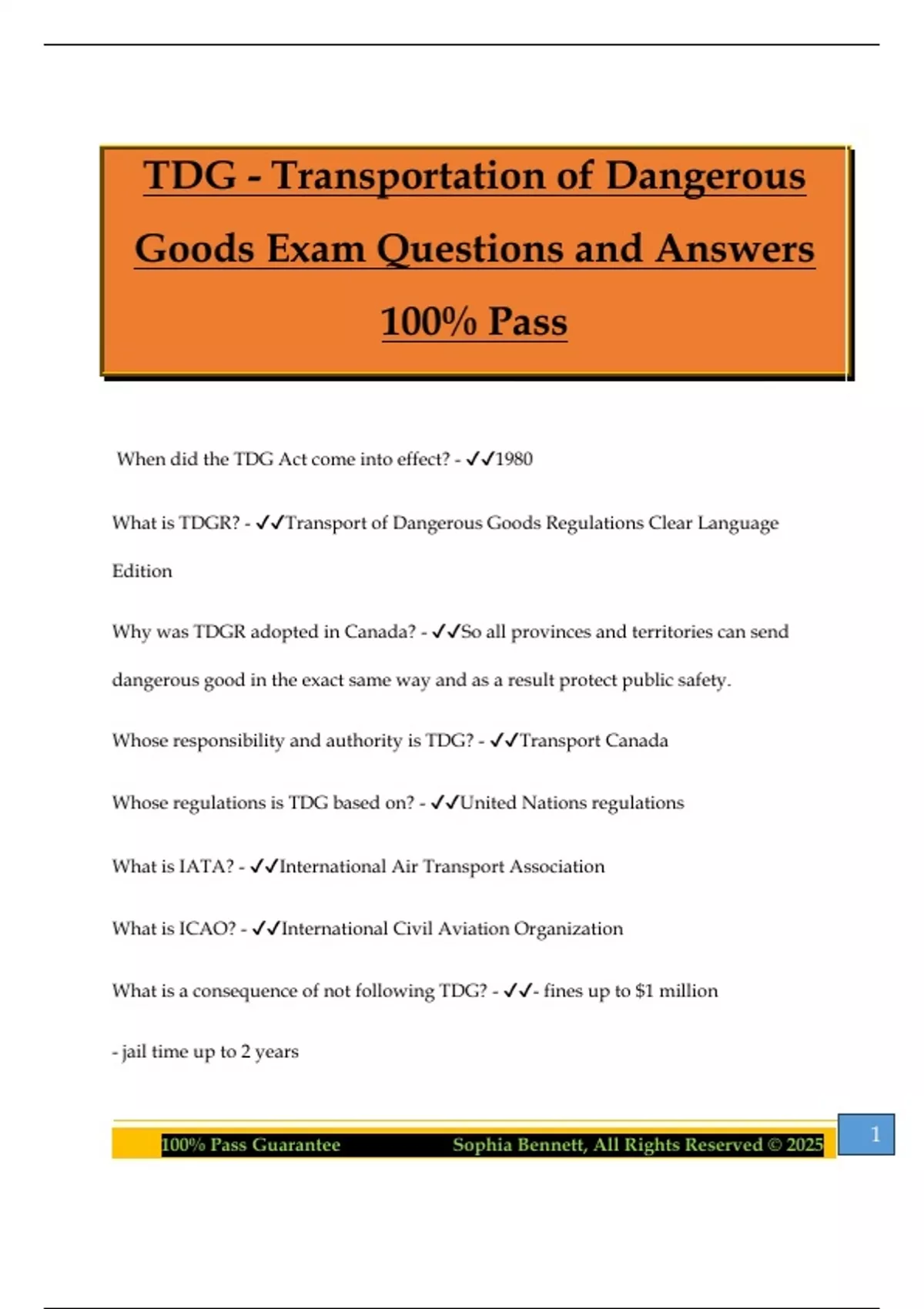 TDG - Transportation of Dangerous Goods Exam Questions and Answers 100% ...