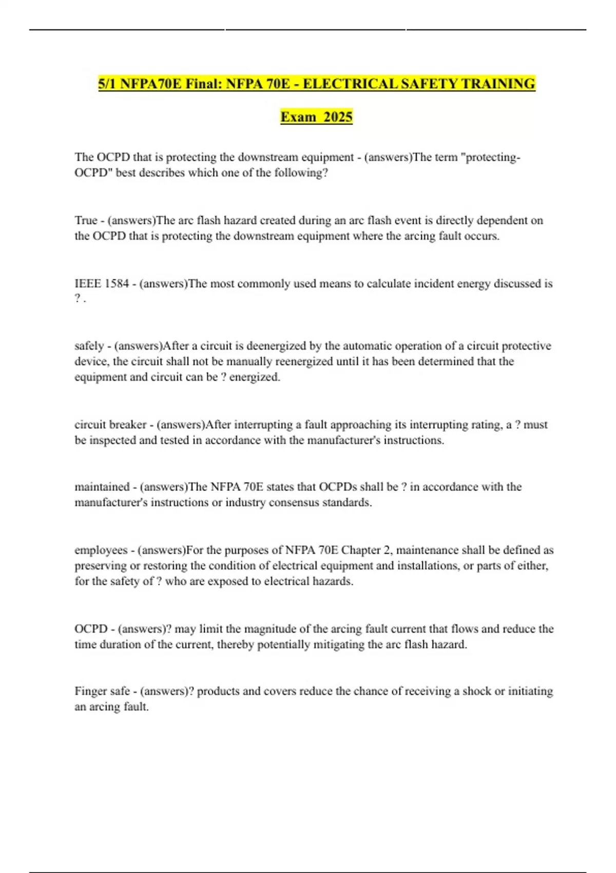 5/1 NFPA70E Final: NFPA 70E - ELECTRICAL SAFETY TRAINING Exam_2025 - 5/ ...