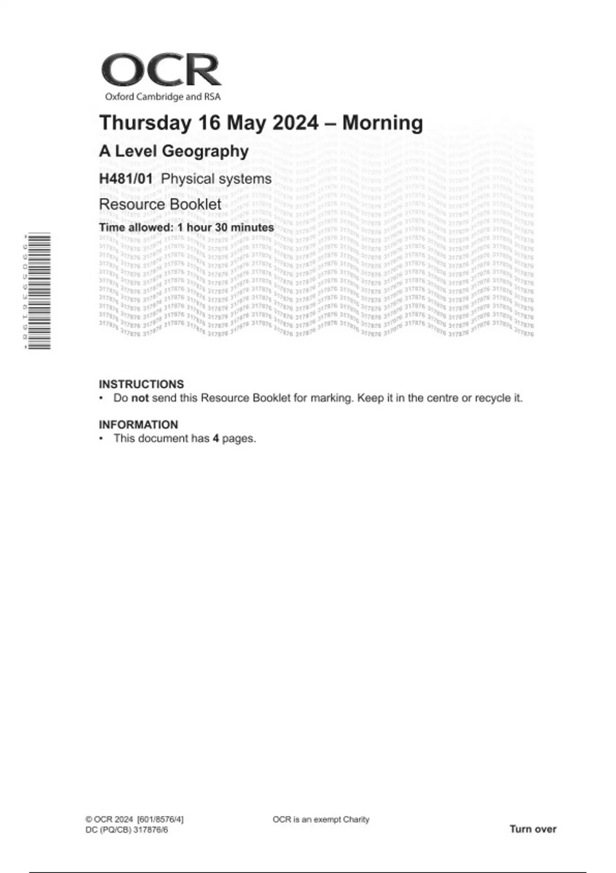 OCR A Level Geography H481/01 JUNE 2024 QUESTION PAPER: Physical ...