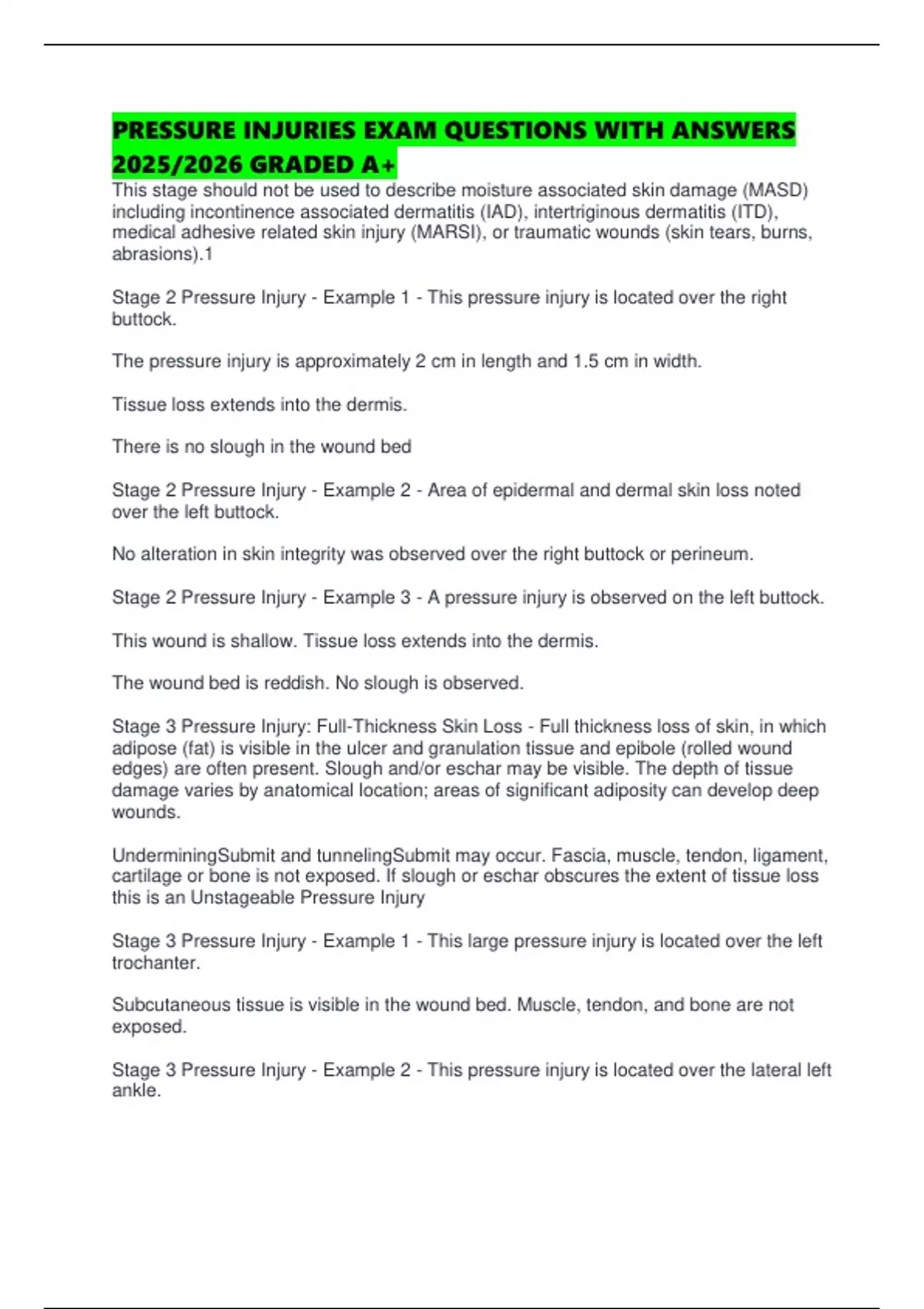 PRESSURE INJURIES EXAM QUESTIONS WITH ANSWERS 2025/2026 GRADED A+ ...