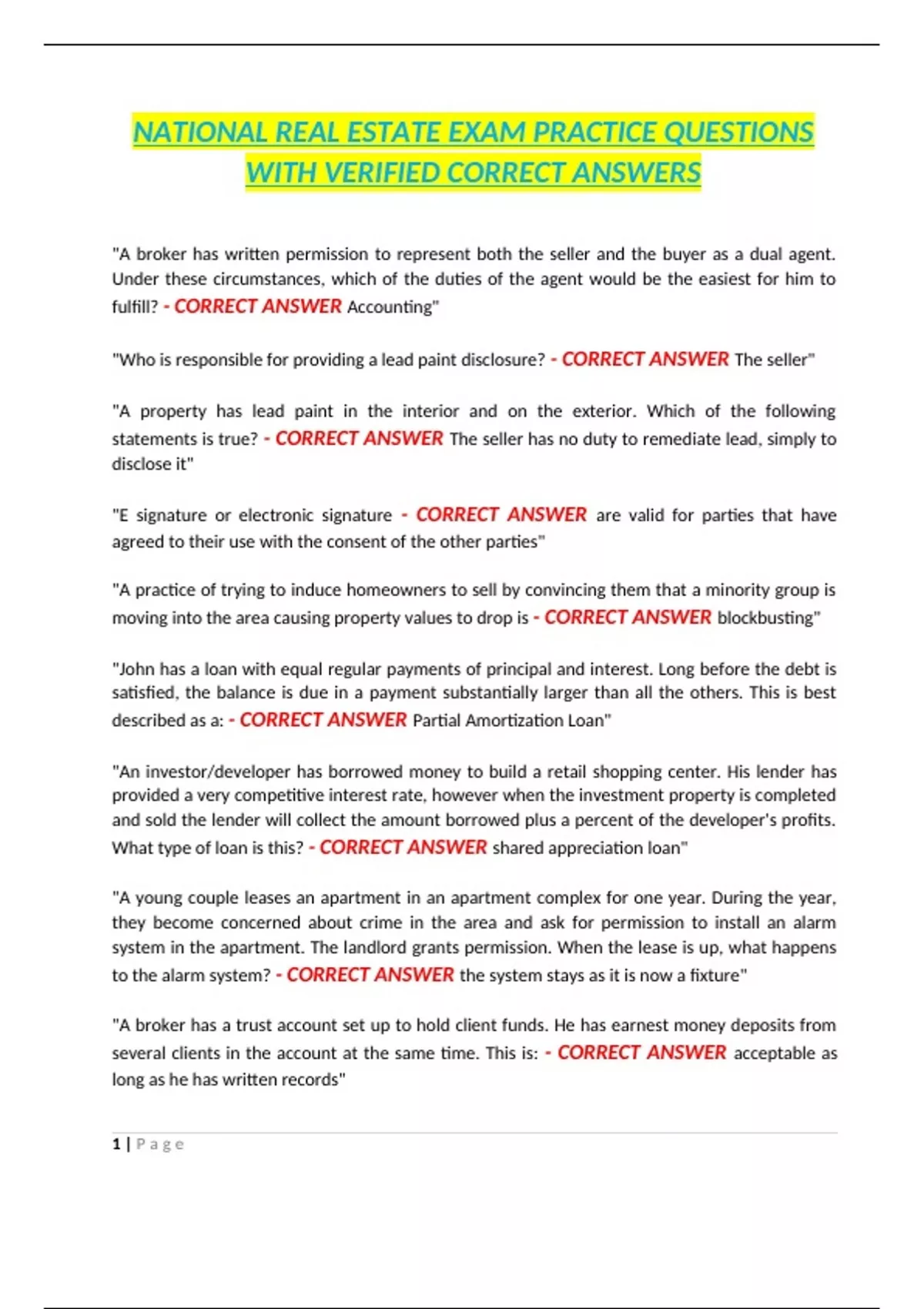 NATIONAL REAL ESTATE EXAM PRACTICE QUESTIONS WITH VERIFIED CORRECT ...