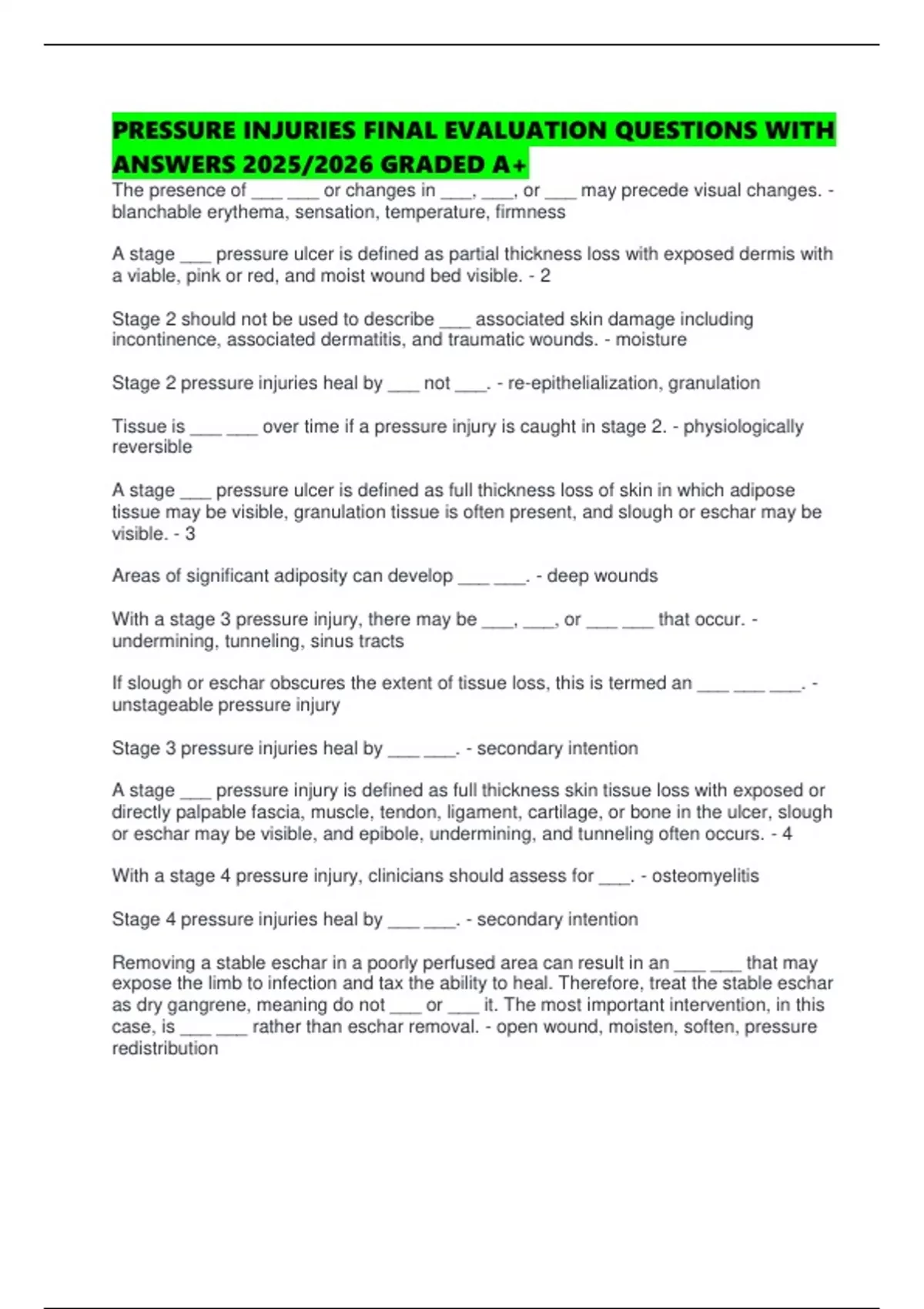 PRESSURE INJURIES FINAL EVALUATION QUESTIONS WITH ANSWERS 2025/2026 ...