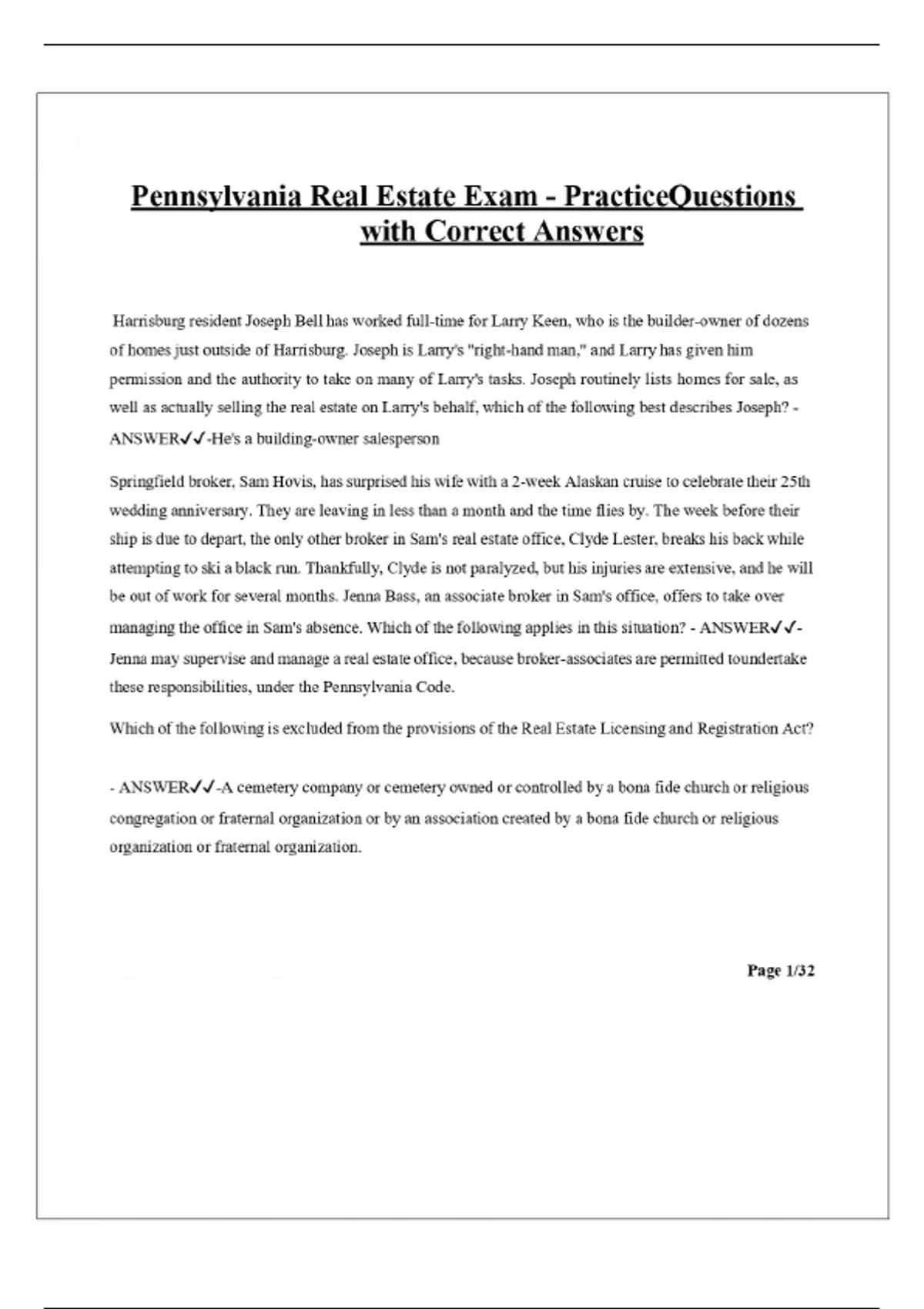 Pennsylvania Real Estate Exam - Practice Questions with Correct Answers ...