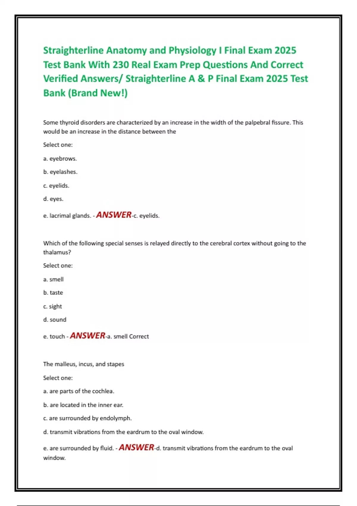 Straighterline Anatomy and Physiology I Final Exam 2025 Test Bank With ...
