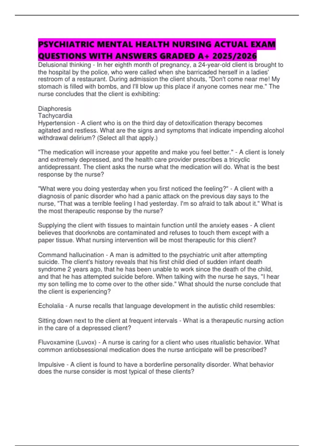PSYCHIATRIC MENTAL HEALTH NURSING ACTUAL EXAM QUESTIONS WITH ANSWERS ...