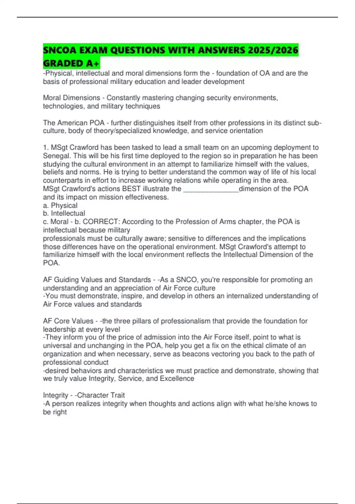 SNCOA EXAM QUESTIONS WITH ANSWERS 2025/2026 GRADED A+ - SNCOA - Stuvia US