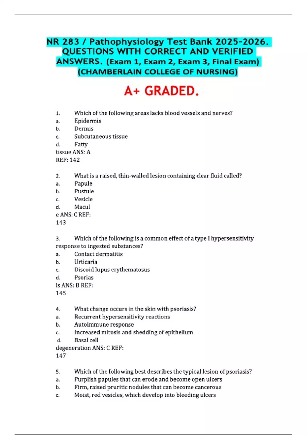 NR 283 / Pathophysiology Test Bank . QUESTIONS WITH CORRECT AND ...