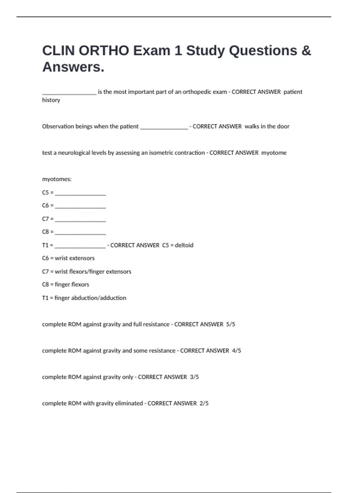 CLIN ORTHO Exam 1 Study Questions & Answers. - ORTHO. - Stuvia US