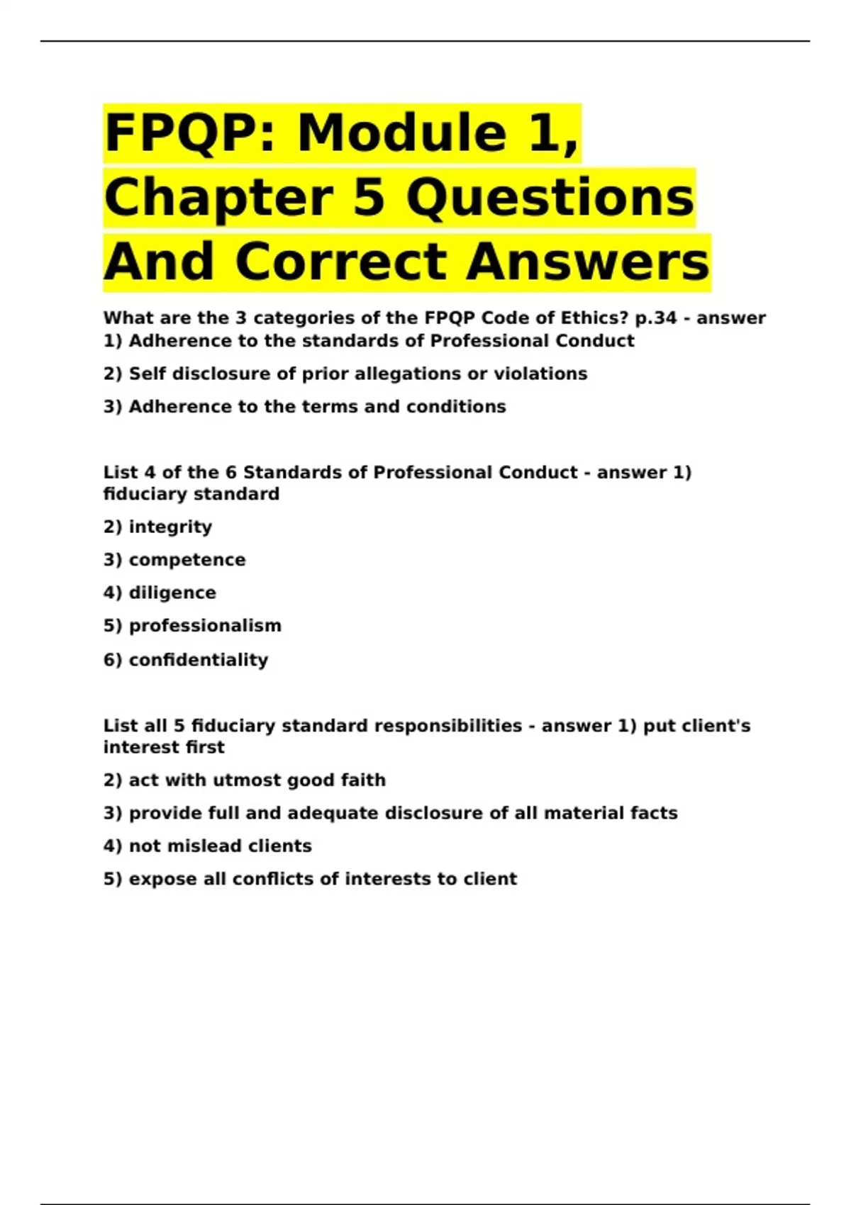 FPQP Module 1, Chapter 5 Questions And Correct Answers - FPQP® - Stuvia US