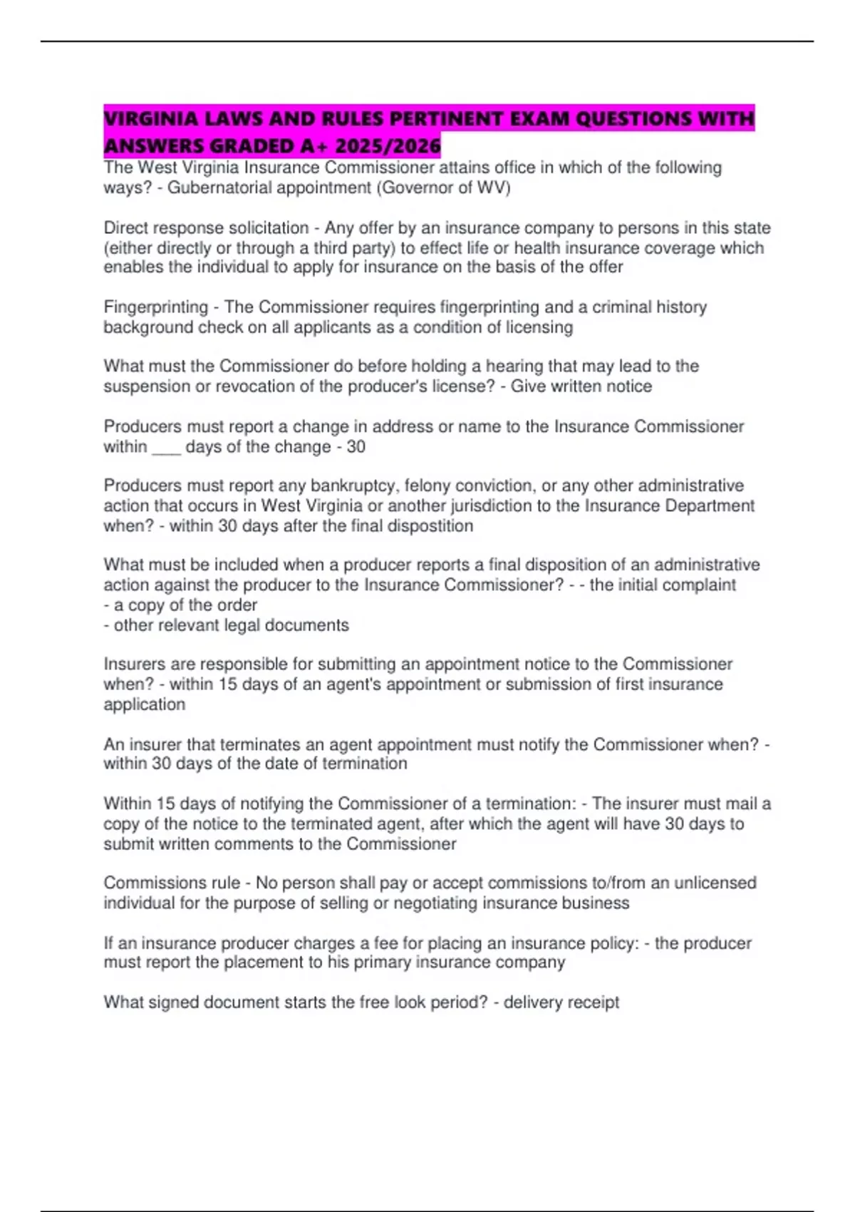 VIRGINIA LAWS AND RULES PERTINENT EXAM QUESTIONS WITH ANSWERS GRADED A+ ...