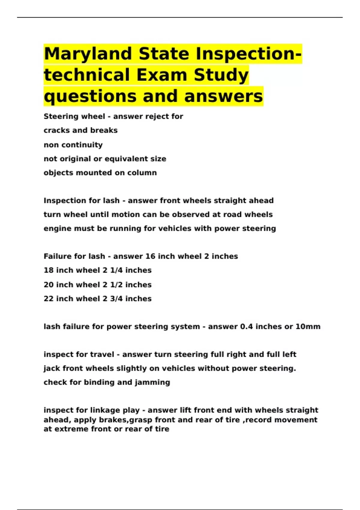 Maryland State Inspection-technical Exam Study questions and answers ...