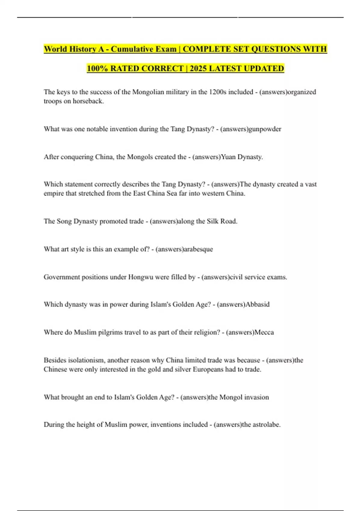 World History A - Cumulative Exam | COMPLETE SET QUESTIONS WITH 100% ...