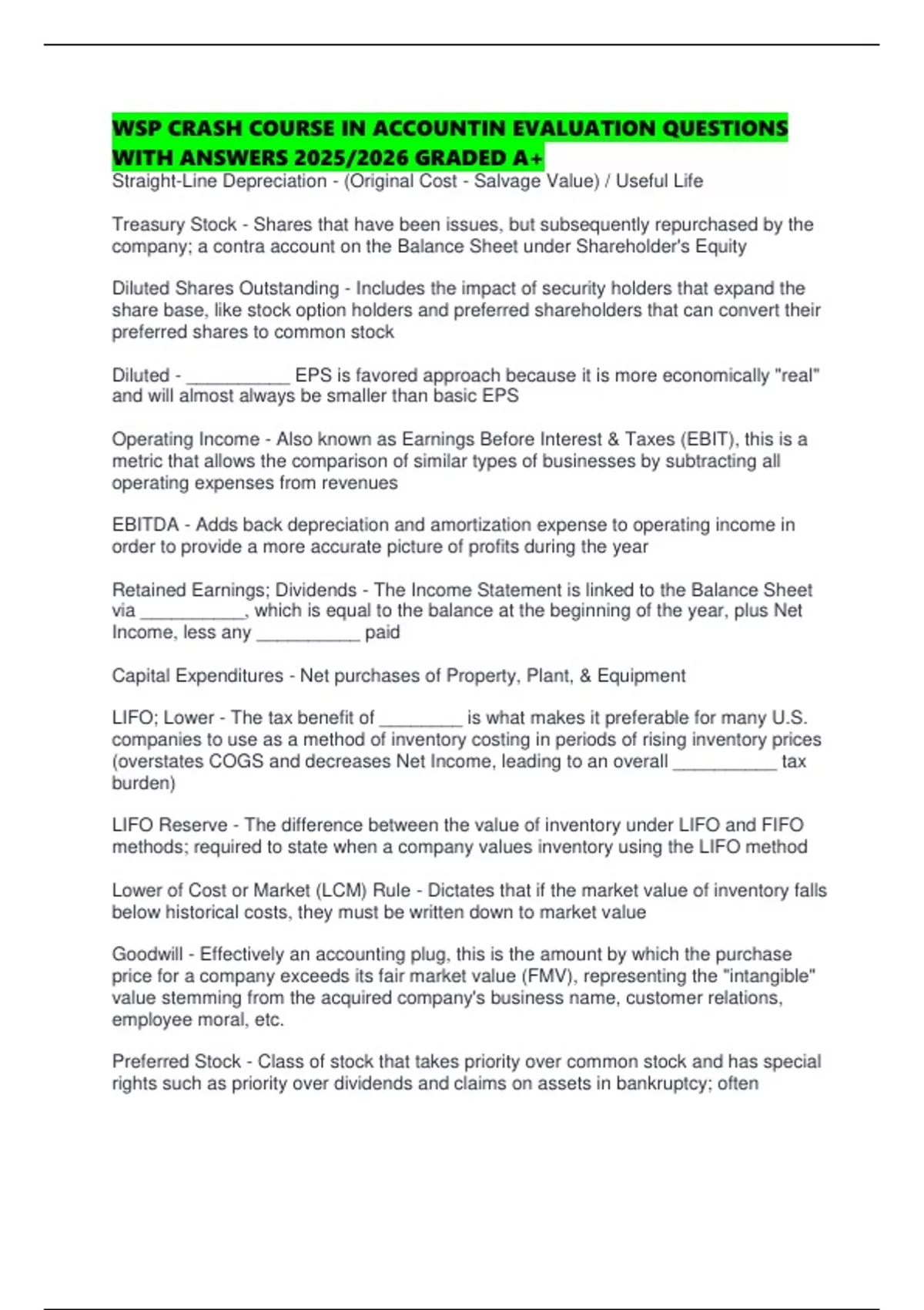 WSP CRASH COURSE IN ACCOUNTIN ACTUAL EXAM QUESTIONS WITH ANSWERS 2025/2026 GRADED A+ - Wsp ...