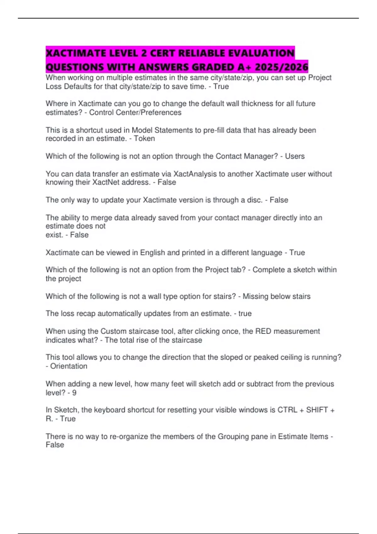 XACTIMATE LEVEL 2 CERT RELIABLE EVALUATION QUESTIONS WITH ANSWERS ...