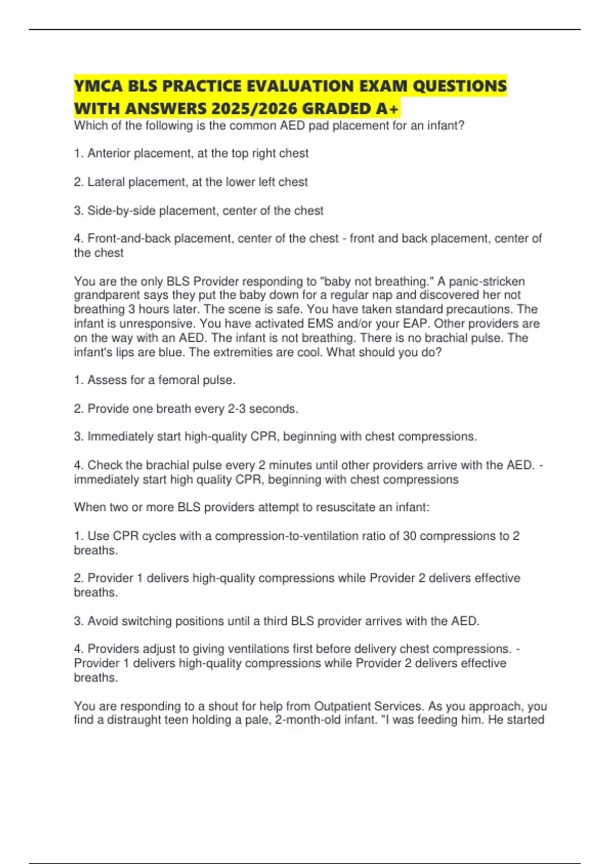 YMCA BLS PRACTICE EVALUATION EXAM QUESTIONS WITH ANSWERS 2025/2026 ...