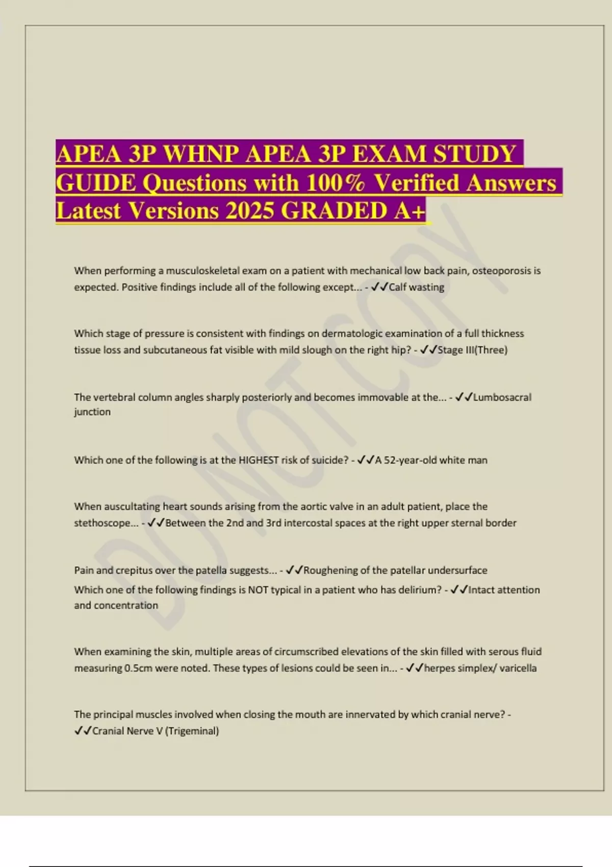 APEA 3P WHNP APEA 3P EXAM STUDY GUIDE Questions with 100- Verified ...