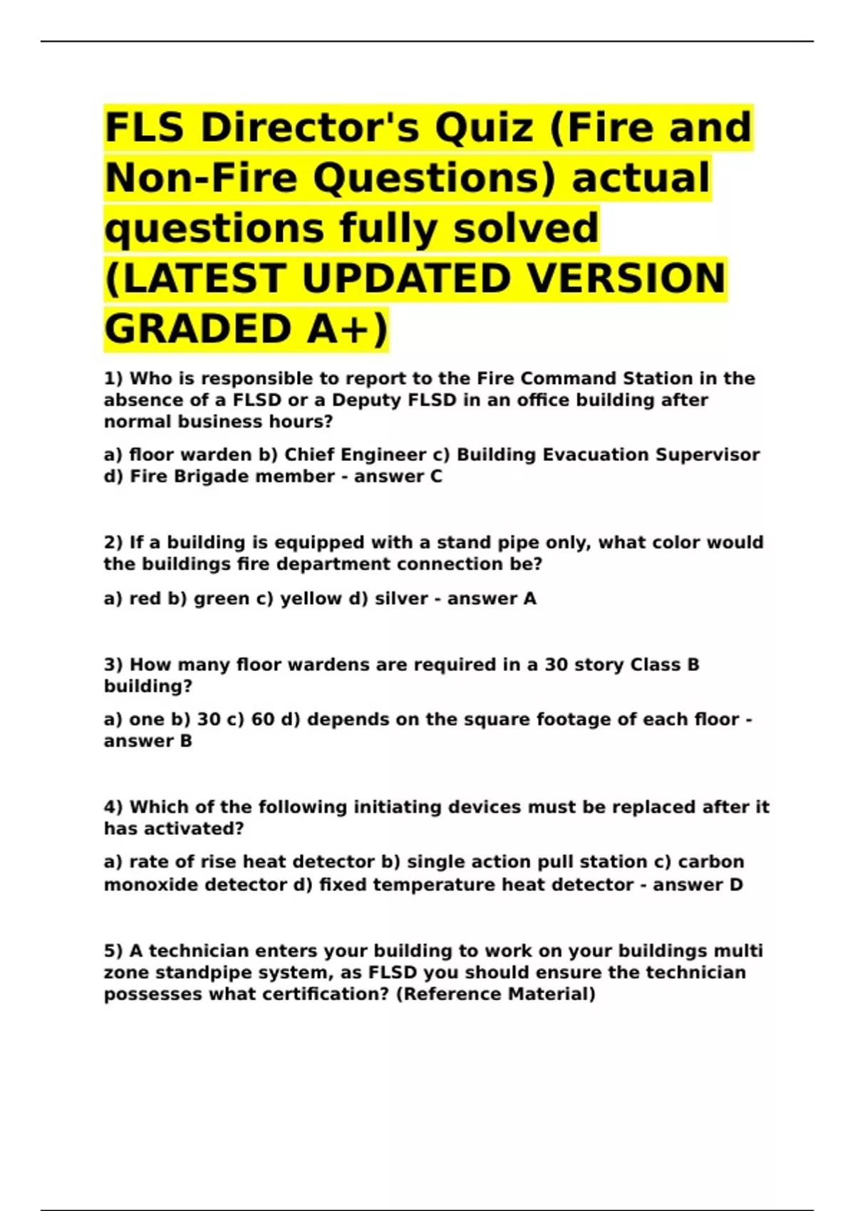 LS Director-s Quiz (Fire and Non-Fire Questions) actual questions fully ...